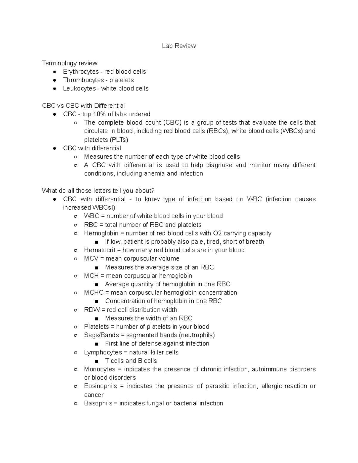 Lab Review - Lab Review Terminology review Erythrocytes - red blood ...