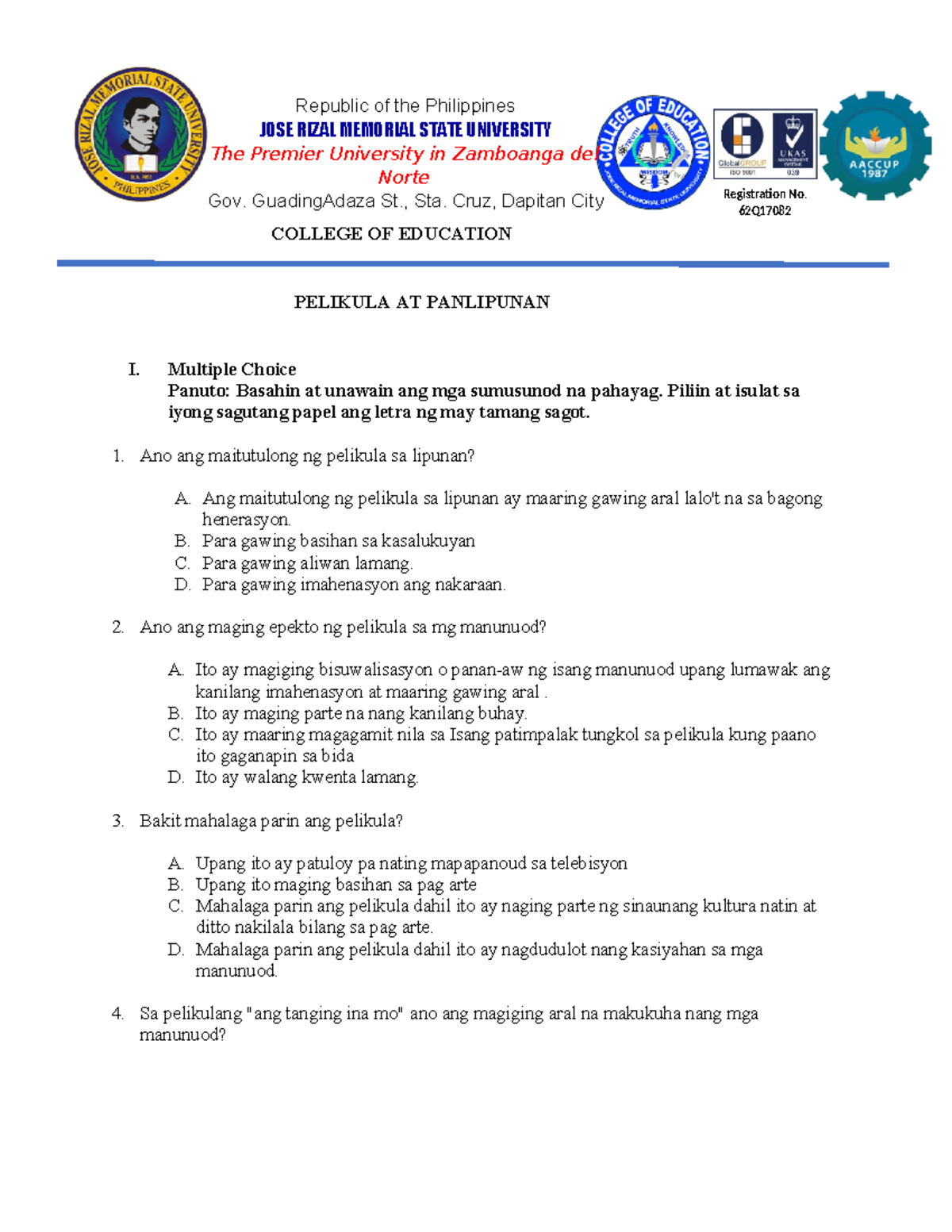 Pelikula AT Panlipunan - COLLEGE OF EDUCATION PELIKULA AT PANLIPUNAN I ...