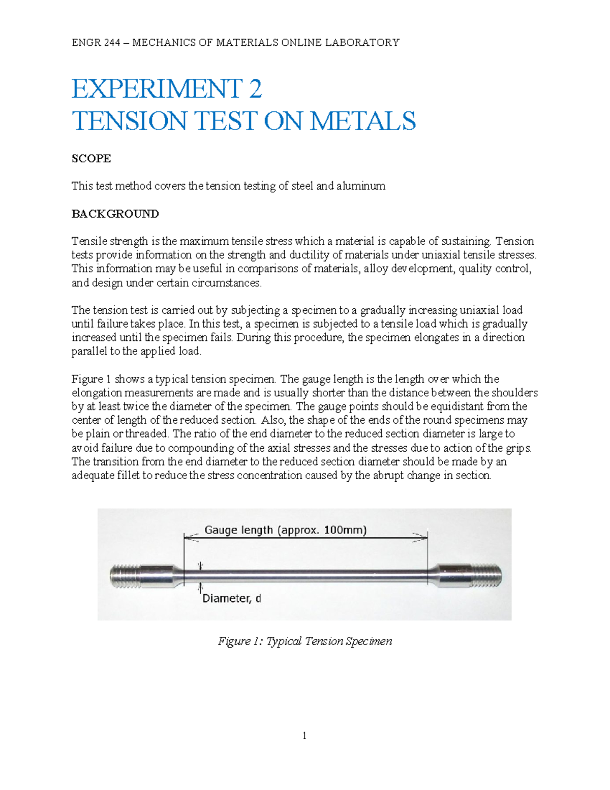 Experiment Description 2 - EXPERIMENT 2 TENSION TEST ON METALS SCOPE ...