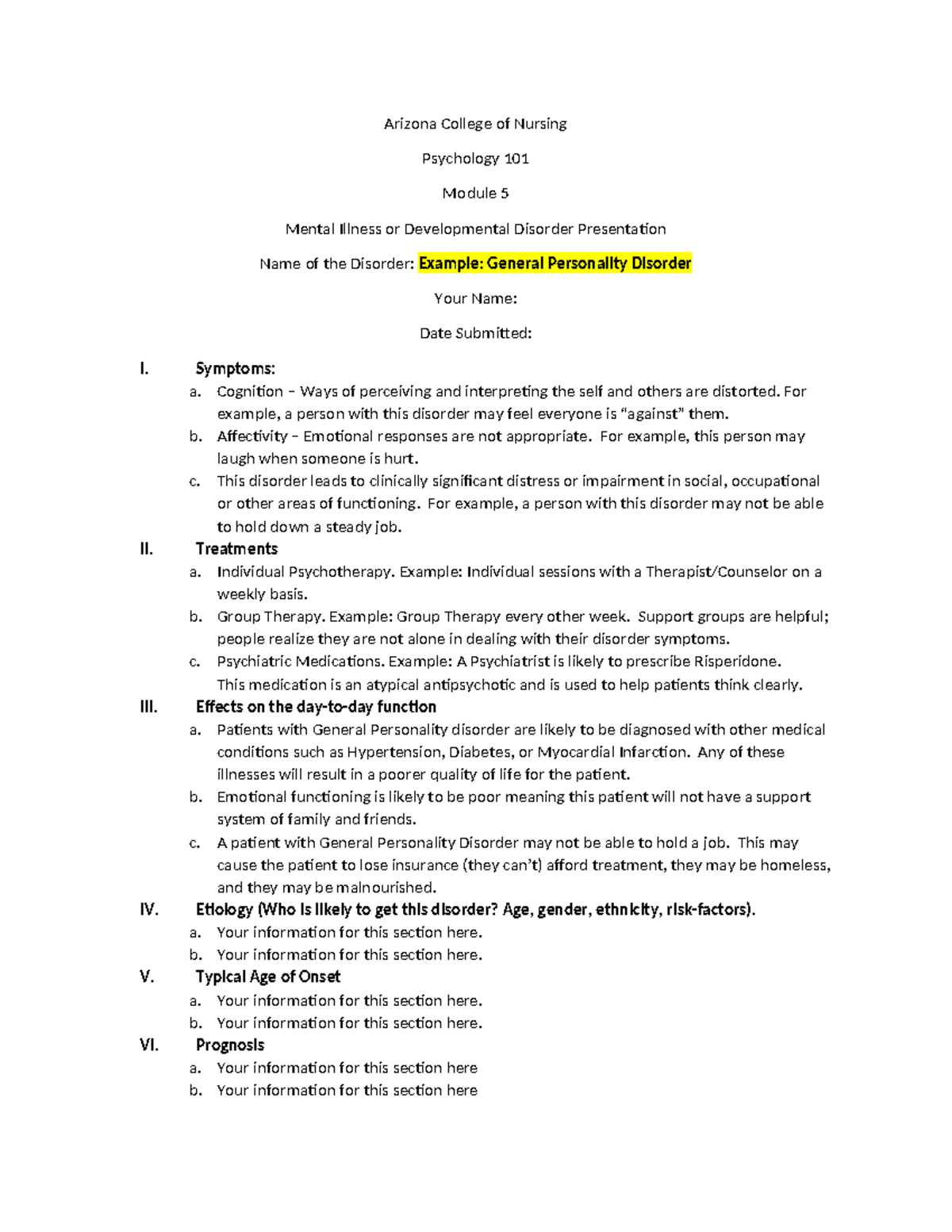 Mental Illness or Developmental Disorder Presentation Outline - Arizona ...