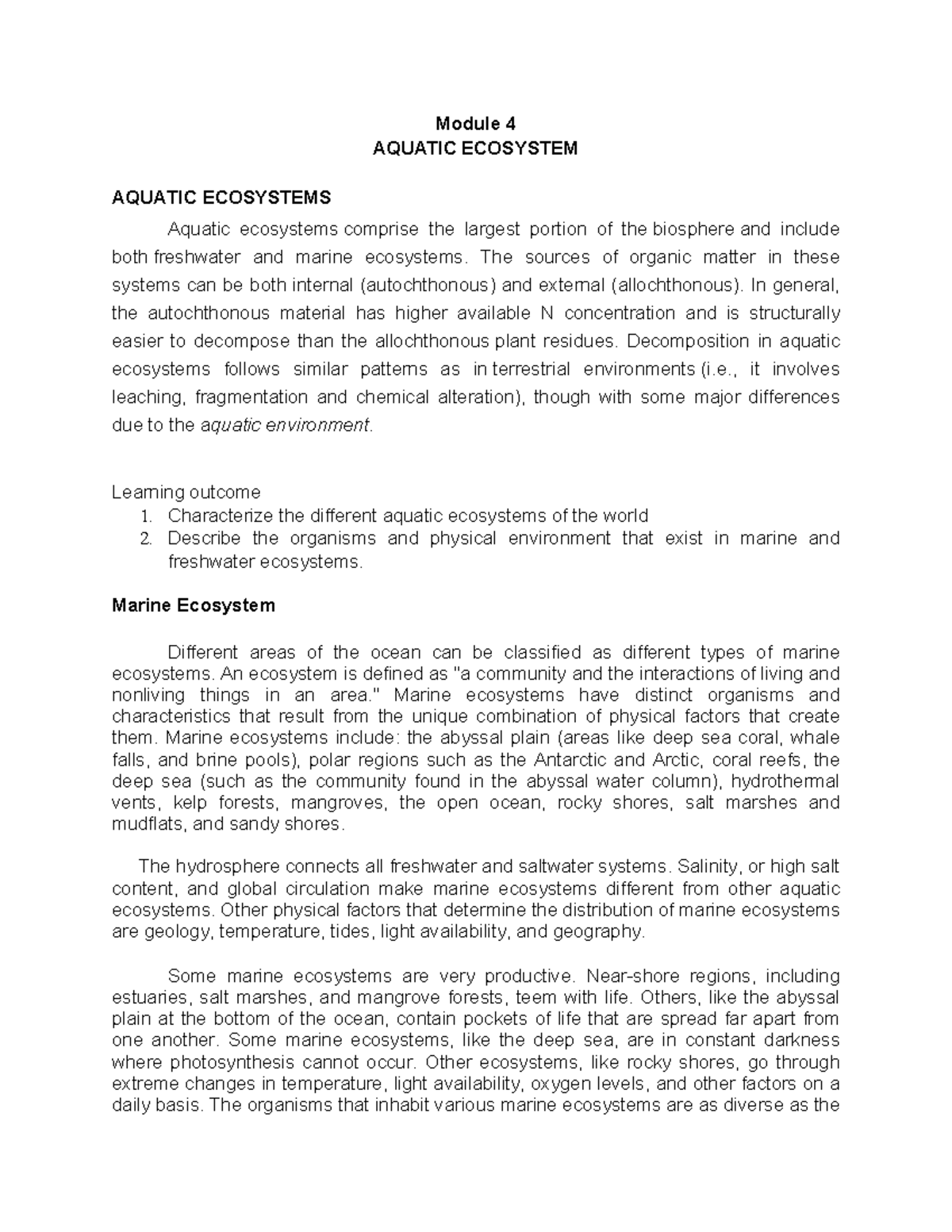 Aquatic Ecosystem - Module 4 AQUATIC ECOSYSTEM AQUATIC ECOSYSTEMS ...
