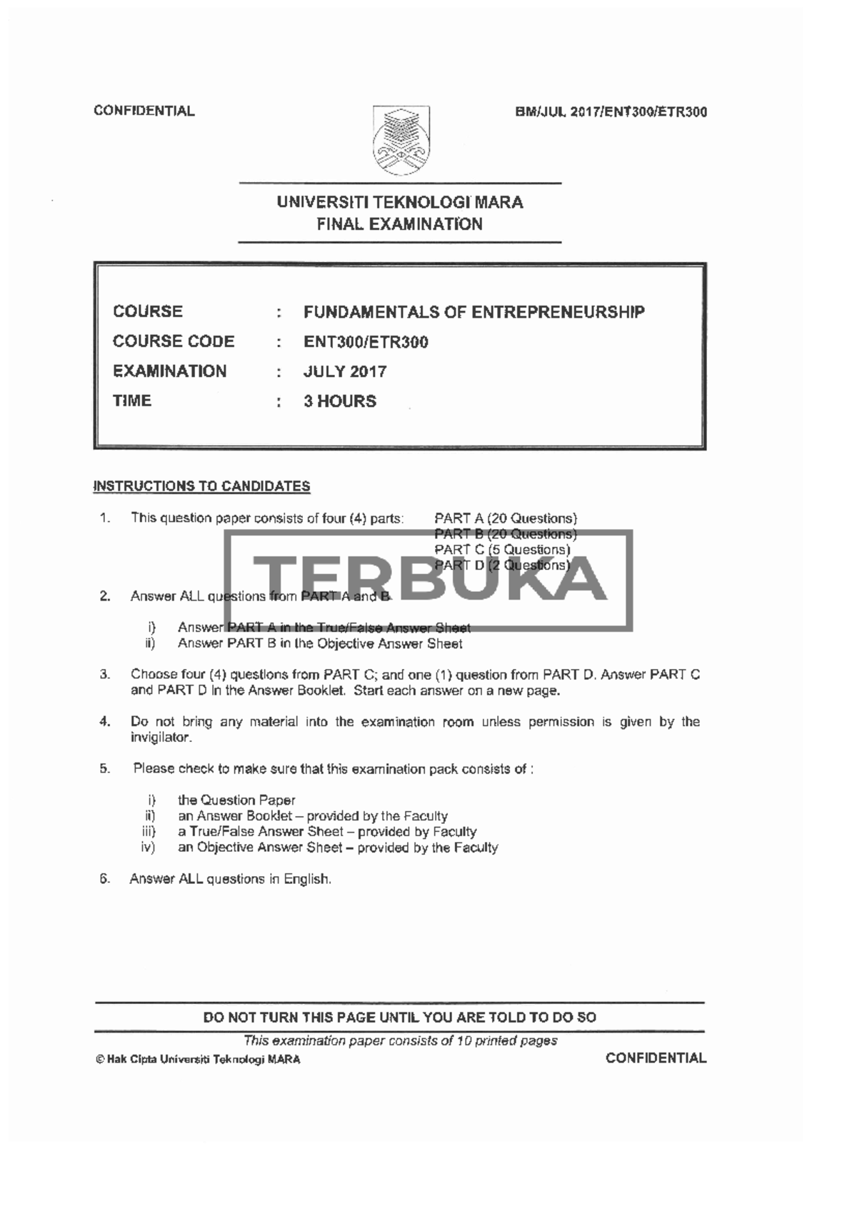 Jul 2017 - ENT300 tutorial - CONFIDENTIAL UNIVERSITI TEKNOLOGI MARA FINAL EXAMINATION COURSE ...