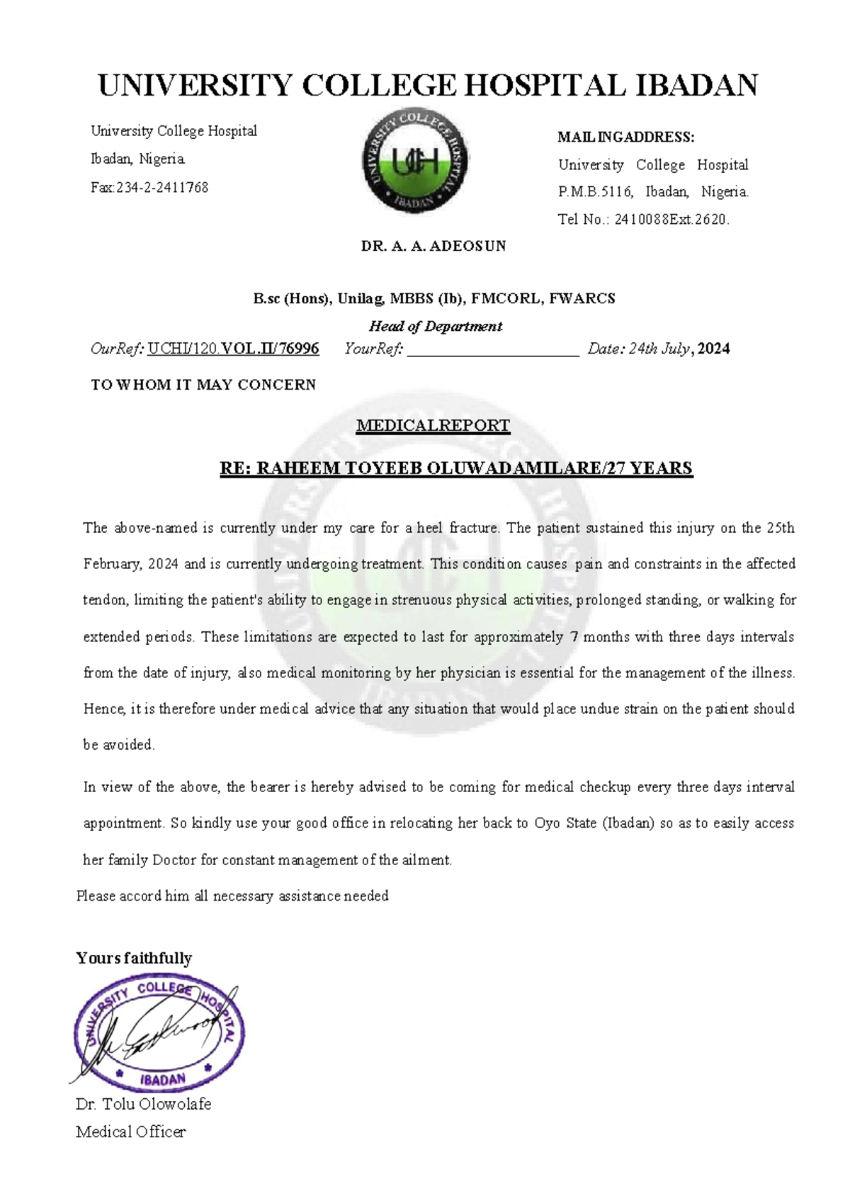 My medical report - it is educative - UNIVERSITY COLLEGE HOSPITAL ...