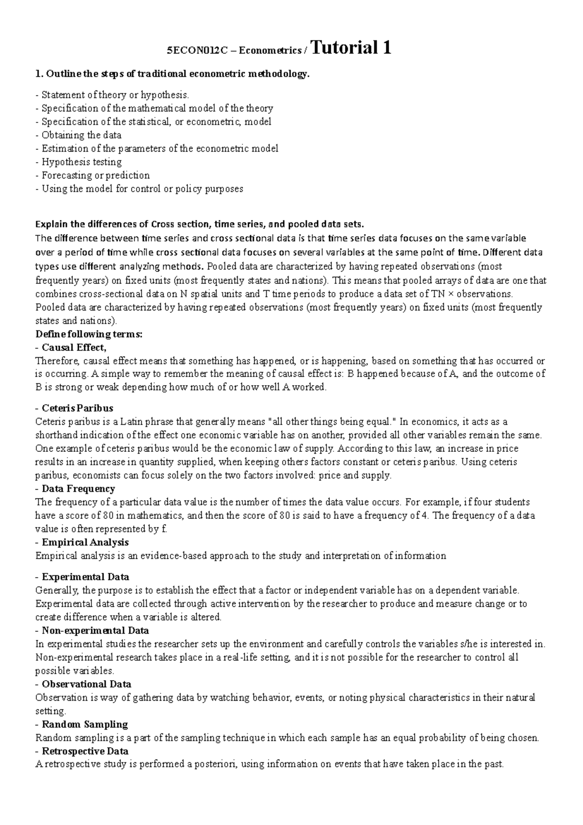 Econometrics Answers 5econ012c Econometrics Tutorial 1 Outline The Steps Of Traditional