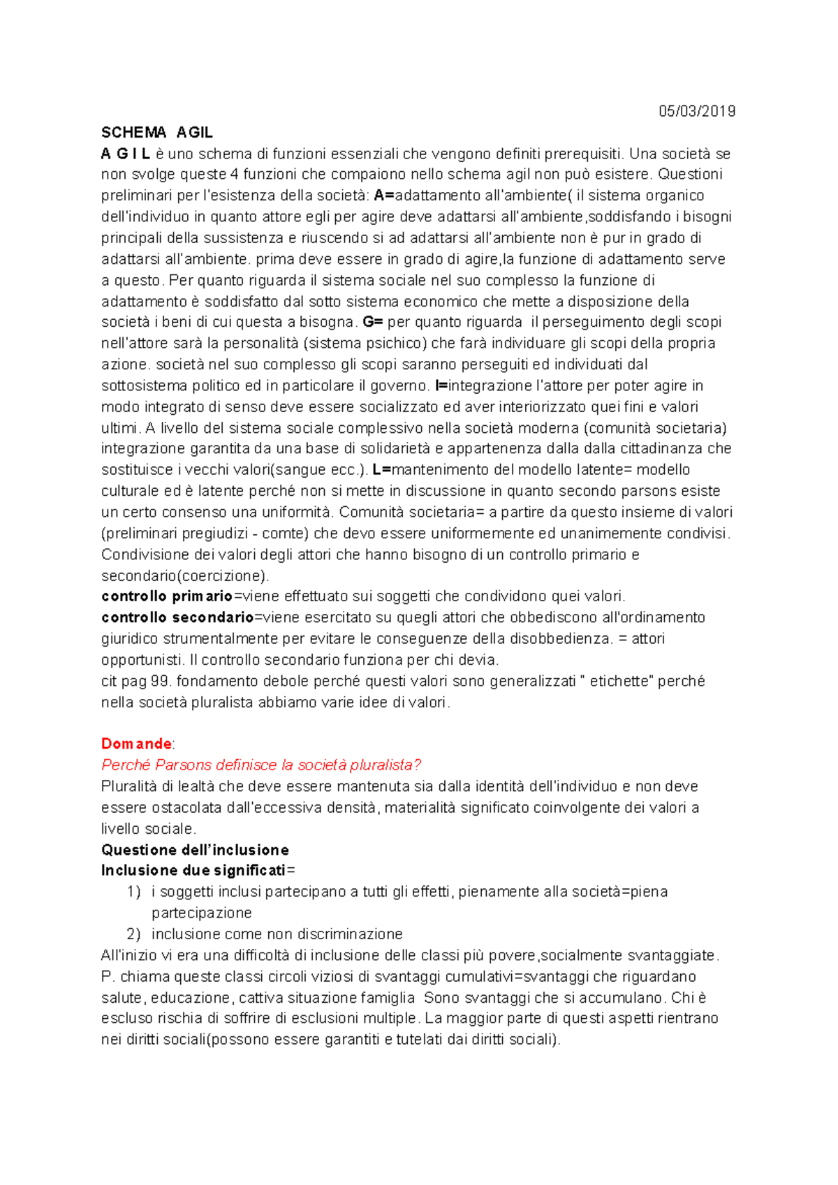 Sociologia Parziale 2 - 05/03/ SCHEMA AGIL A G I L è uno schema di ...