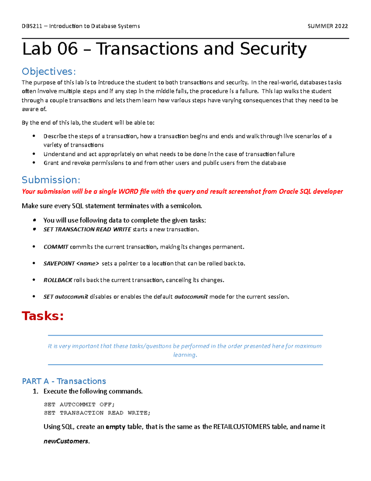 DBS211 Lab06 Transactions Summer 2022 - Lab 06 – Transactions and Security Objectives: The ...
