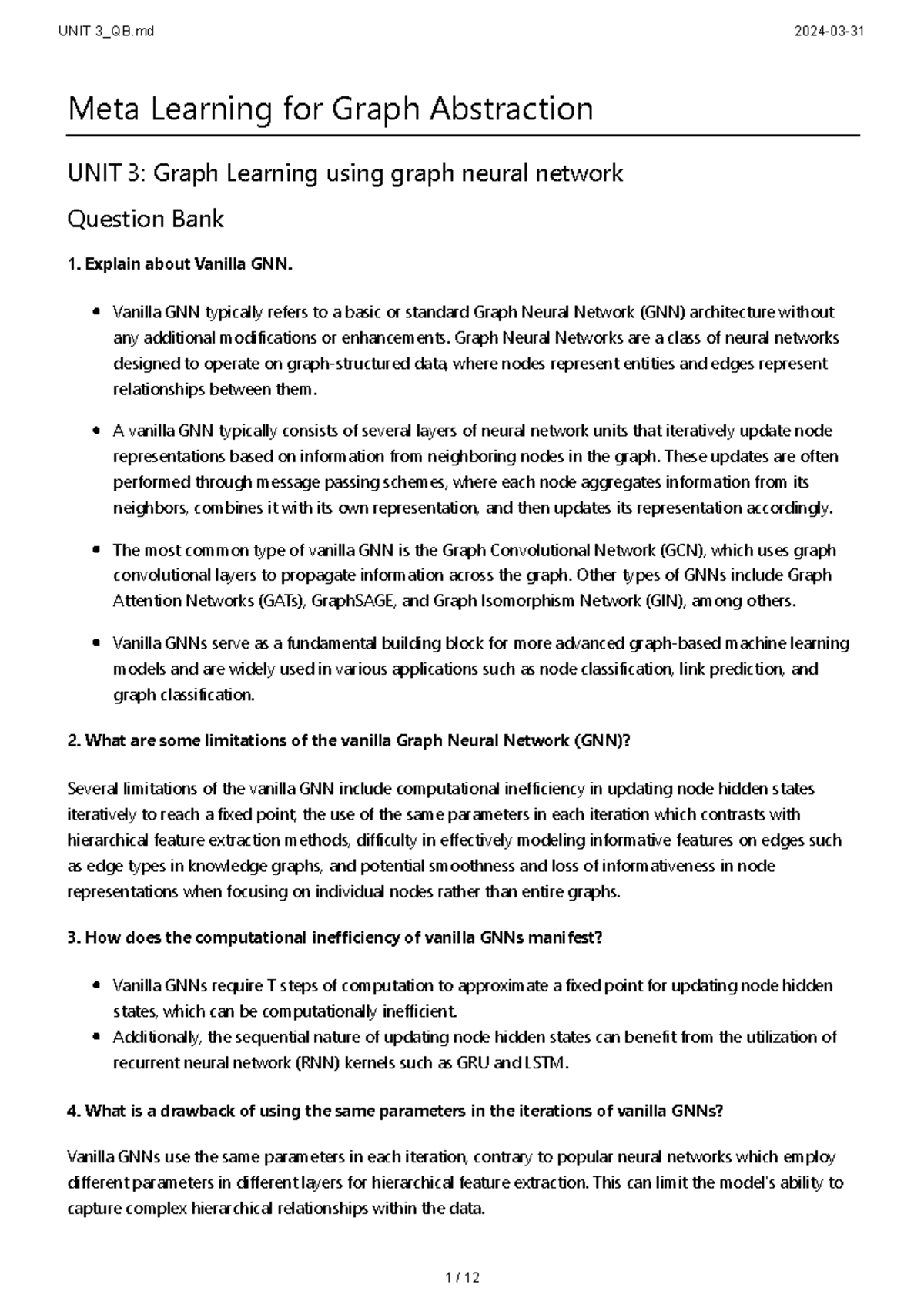 UNIT 3 QB - Meta Learning for Graph Abstraction UNIT 3: Graph Learning using graph neural ...