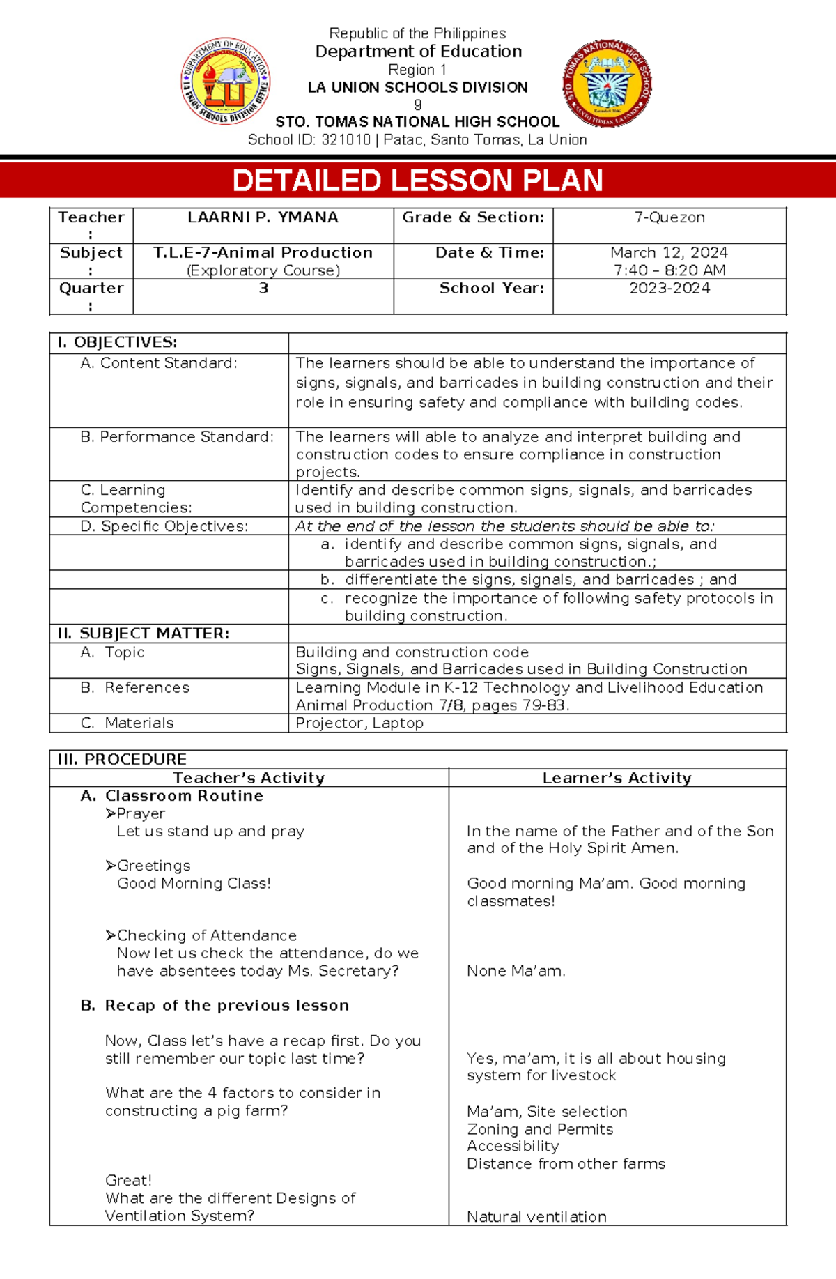 Detailed-Lesson-Plan-Building-and-constructionn-Code and Signs, tags ...