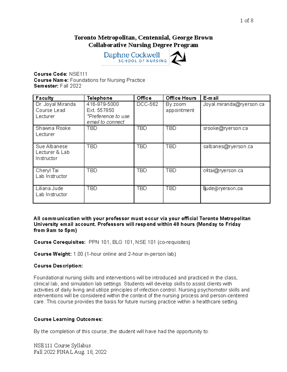 NSE 111 Course Syllabus Ryerson Final Aug 24 2022 - Toronto ...