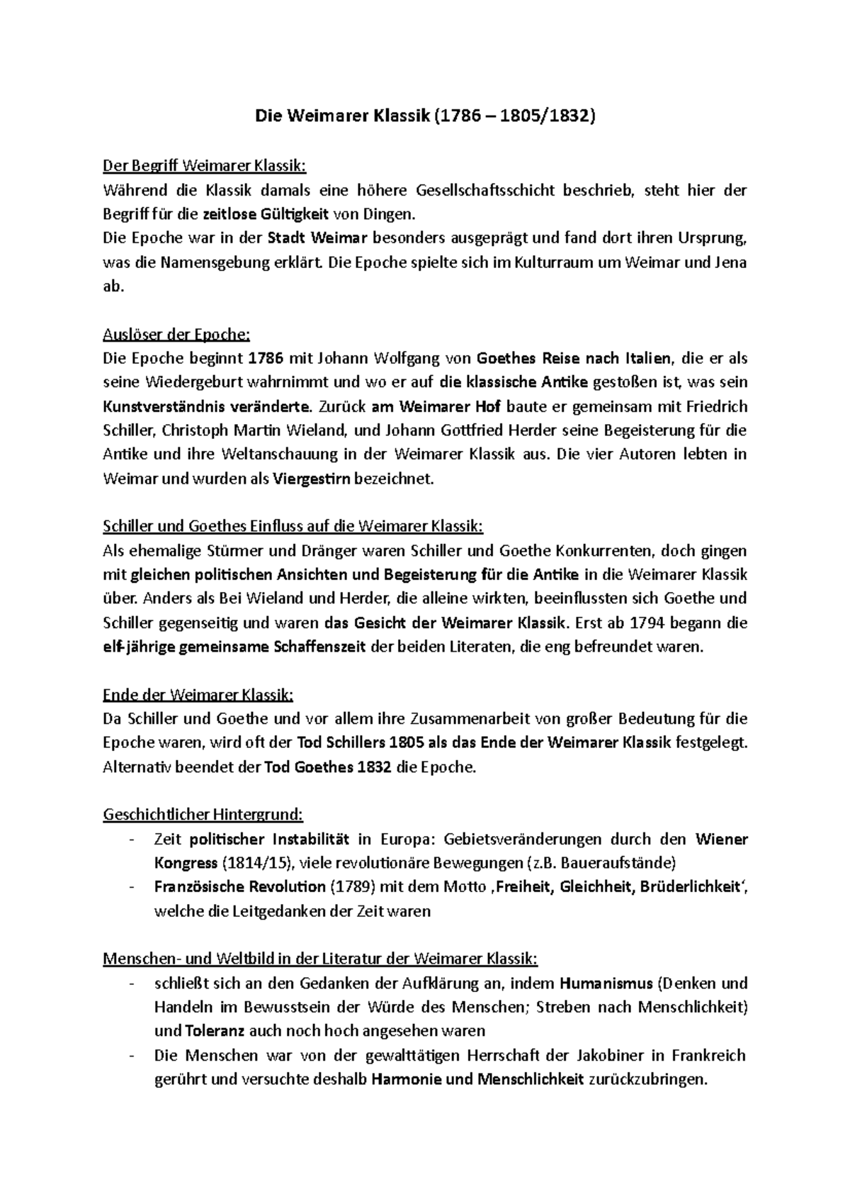 Handout Weimarer Klassik - Die Weimarer Klassik (1786 – 1805/1832) Der ...