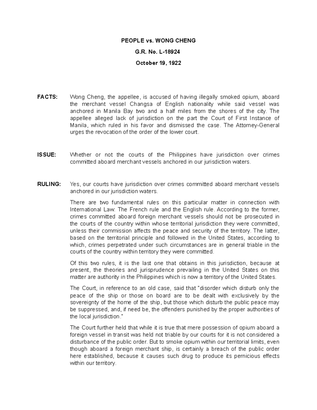 People vs Wong Cheng - Case digest - PEOPLE vs. WONG CHENG G. No. L ...