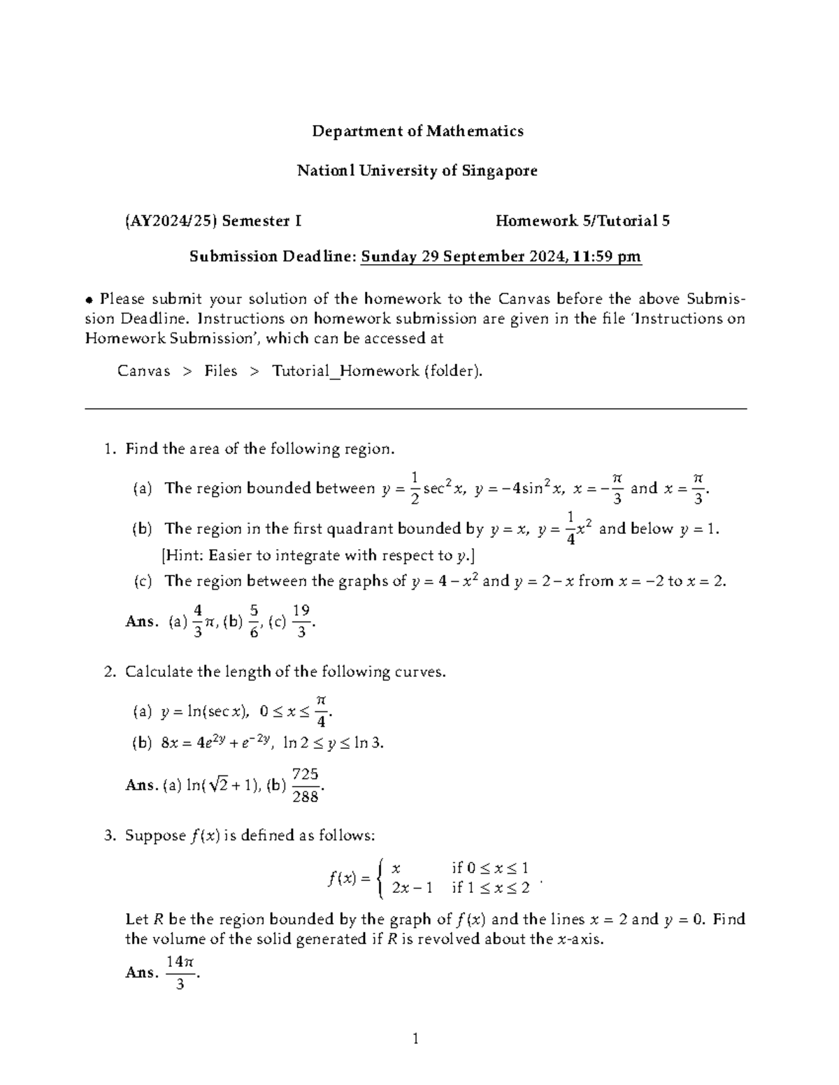 MA1521 Homework Tutorial 5 - Department of Mathematics Nationl University of Singapore (AY2024 ...