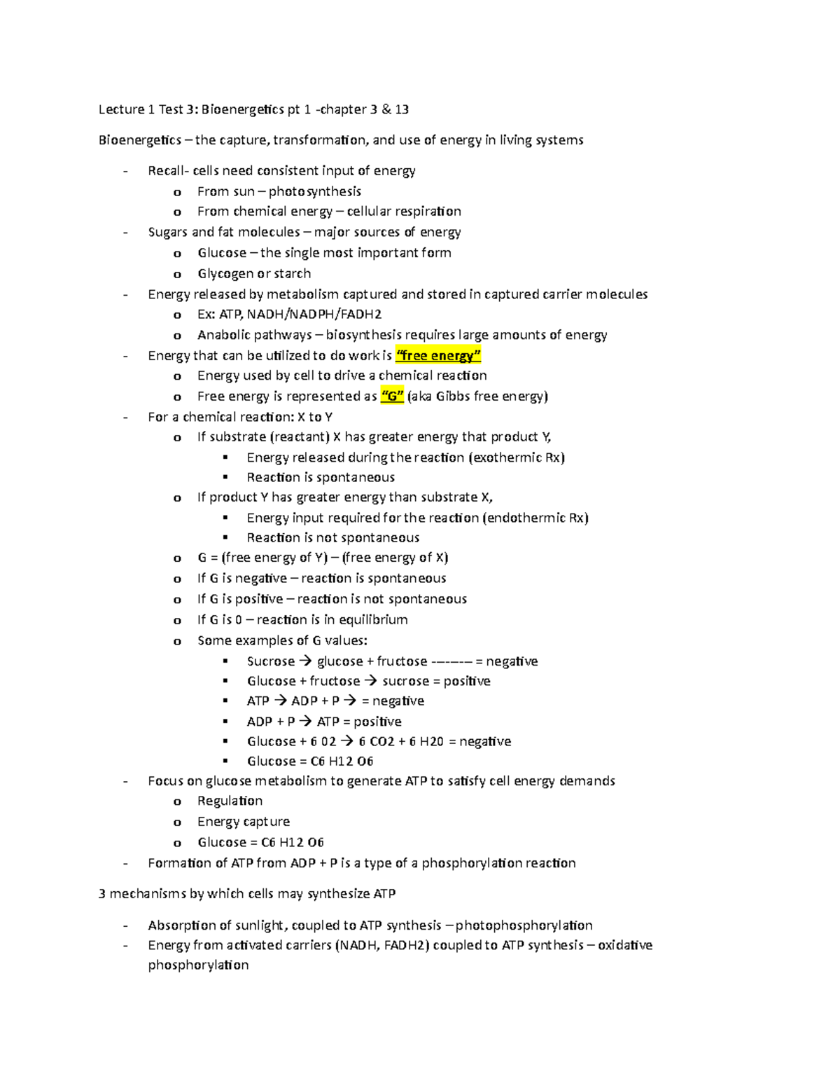 Exam 3 notes - Lecture 1 Test 3: Bioenergetics pt 1 -chapter 3 & 13 ...