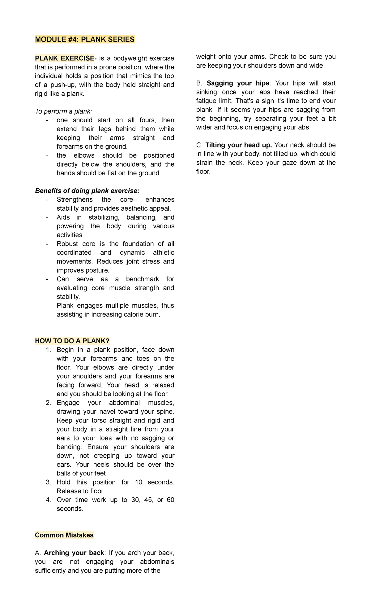 PE Lecture - MODULE #4: PLANK SERIES PLANK EXERCISE- is a bodyweight ...