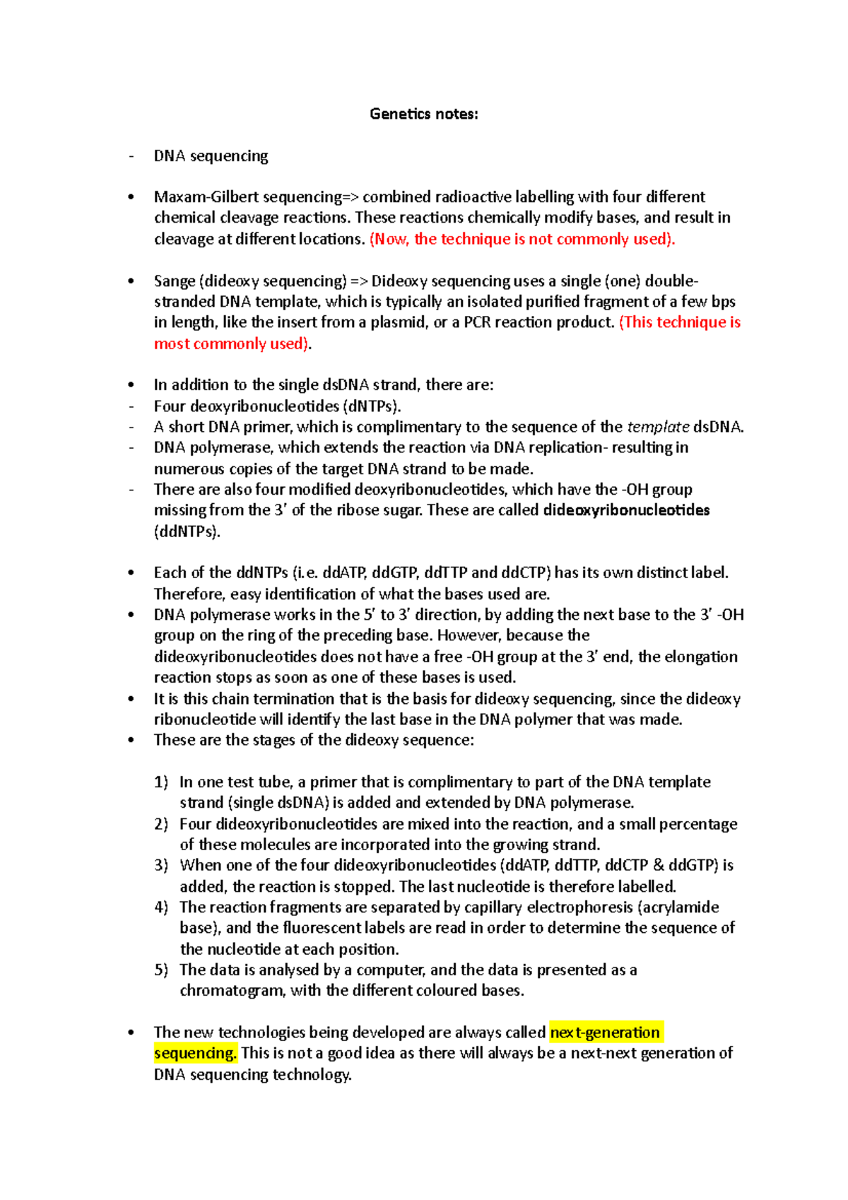 Genetics notes- sequencing - Genetics notes: DNA sequencing Maxam ...