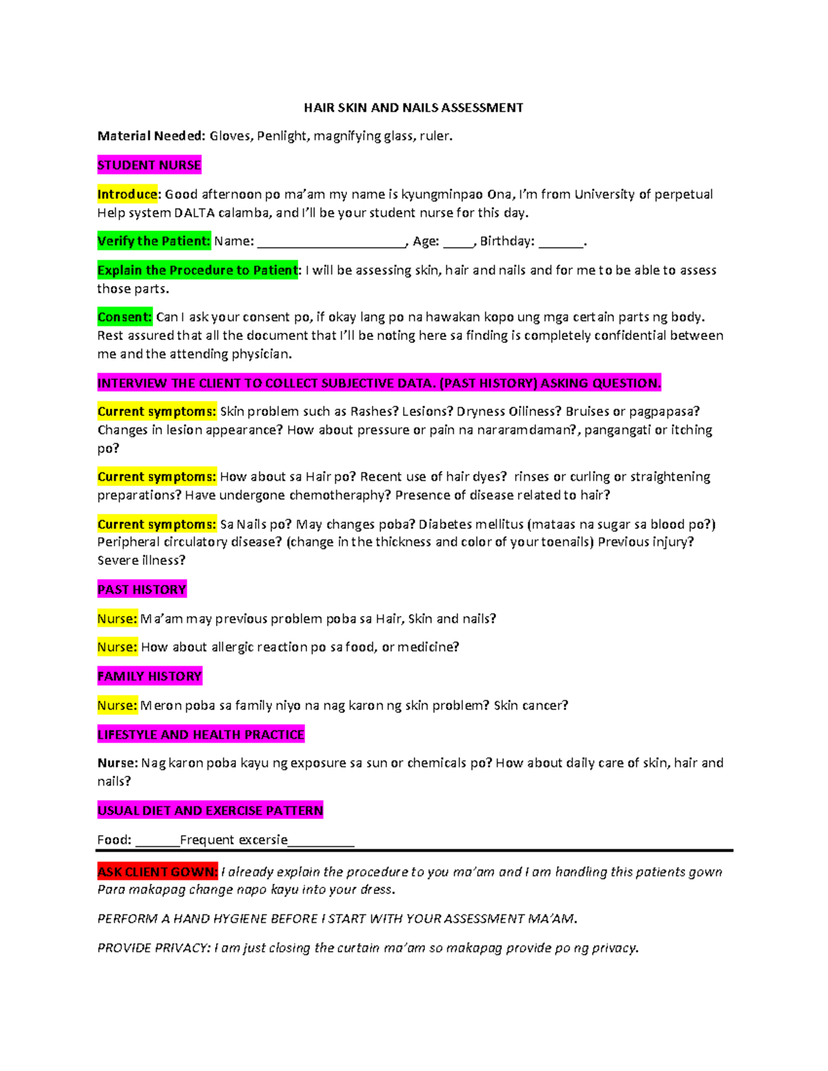 HAIR SKIN AND Nails Assessment - HAIR SKIN AND NAILS ASSESSMENT ...