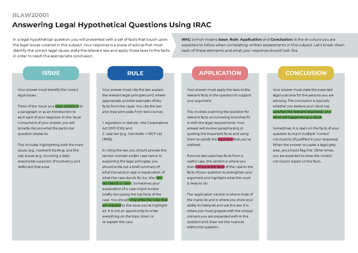 Guide to IRAC (including sample Q & A) - Answering Legal Hypothetical Questions Using IRAC BLAW ...