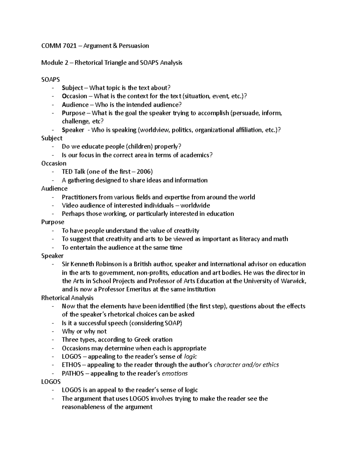 COMM 7021 - Module 2 - Lecture notes 2 - COMM 7021 – Argument ...