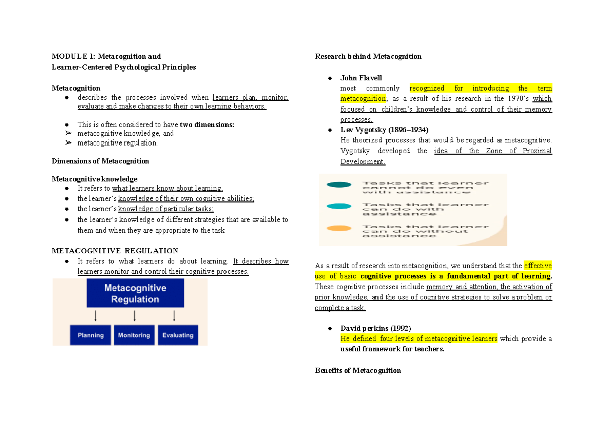 MS-111-Reviewer - review - MODULE 1: Metacognition and Learner-Centered ...