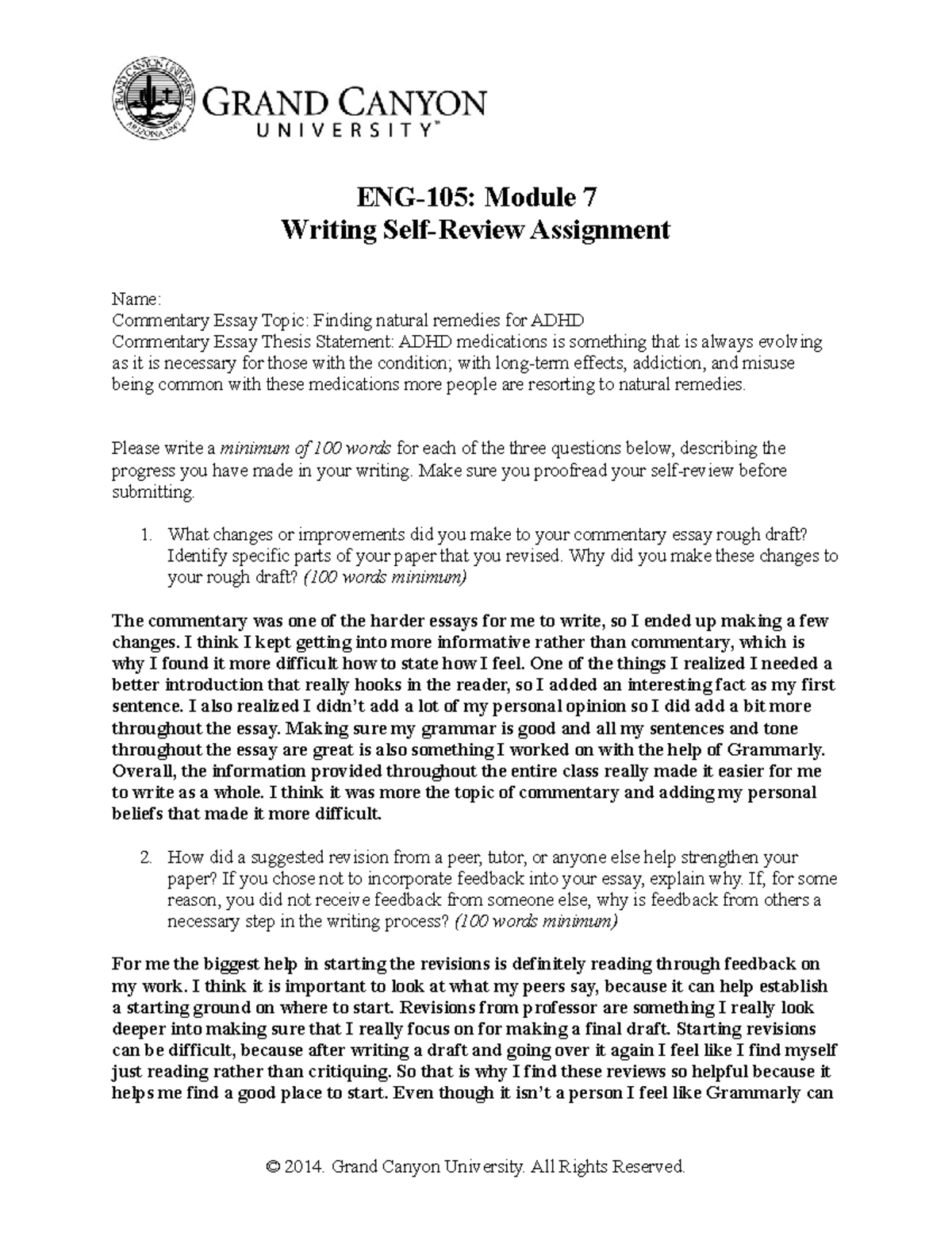 Self Review Assignment - ENG-105: Module 7 Writing Self-Review ...