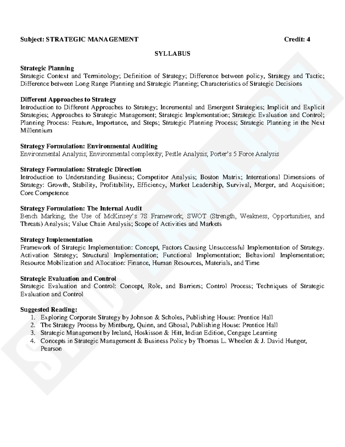 Strategic Management - NOTES - Subject: STRATEGIC MANAGEMENT Credit: 4 ...