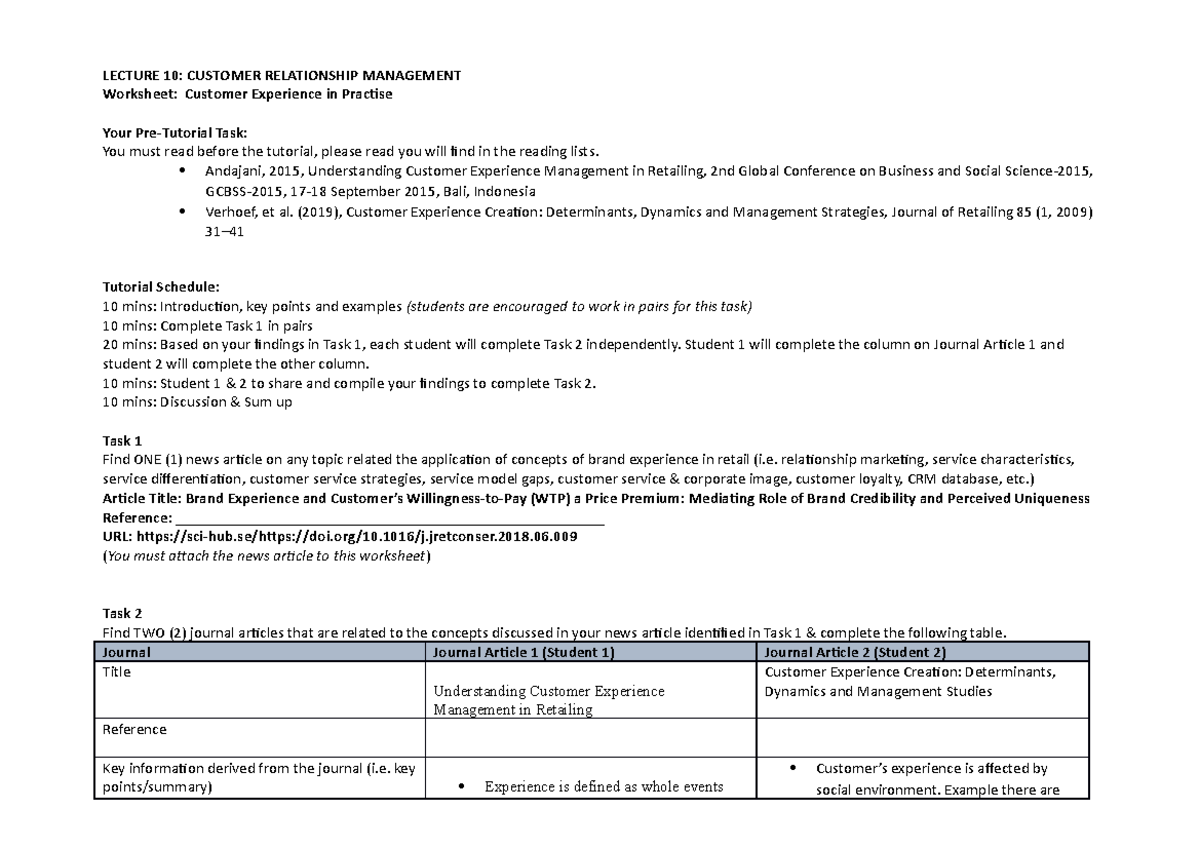 Tutorial Week 10 Worksheet.docx MY - LECTURE 10: CUSTOMER RELATIONSHIP MANAGEMENT Worksheet ...