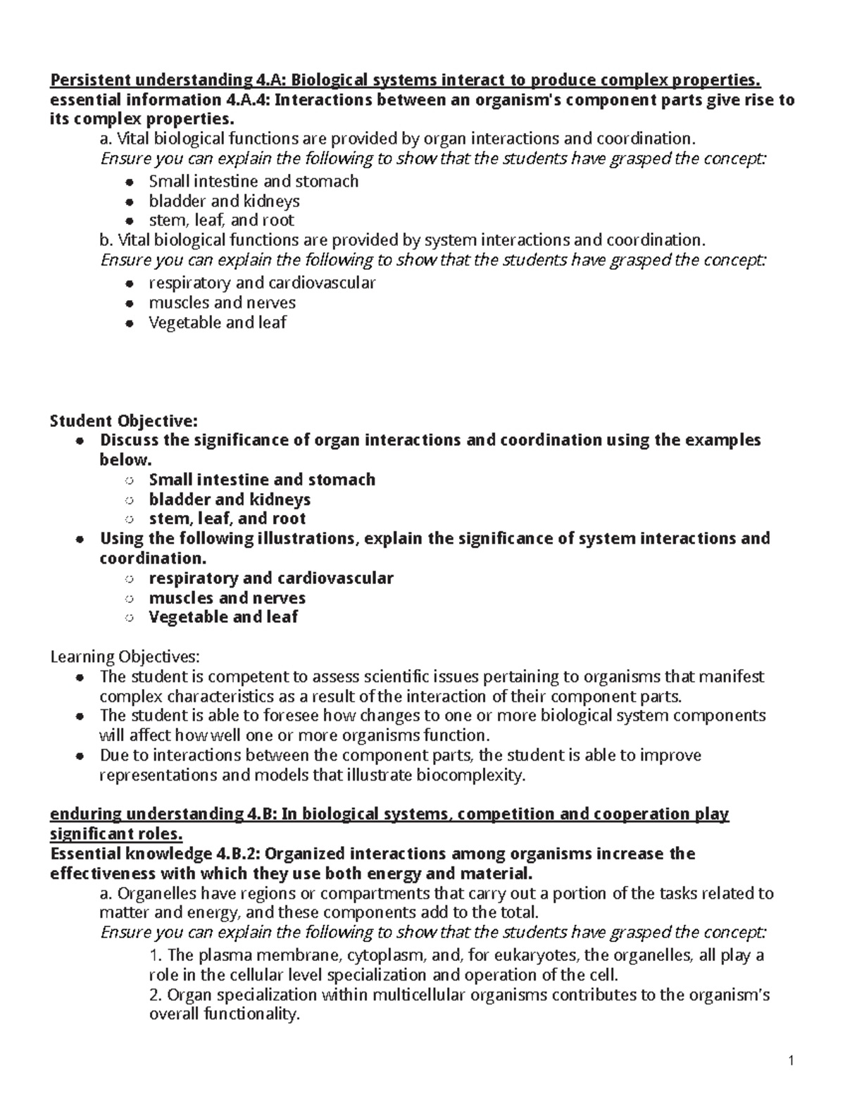 4.A.4 Interactions between an organism's component parts - Persistent ...
