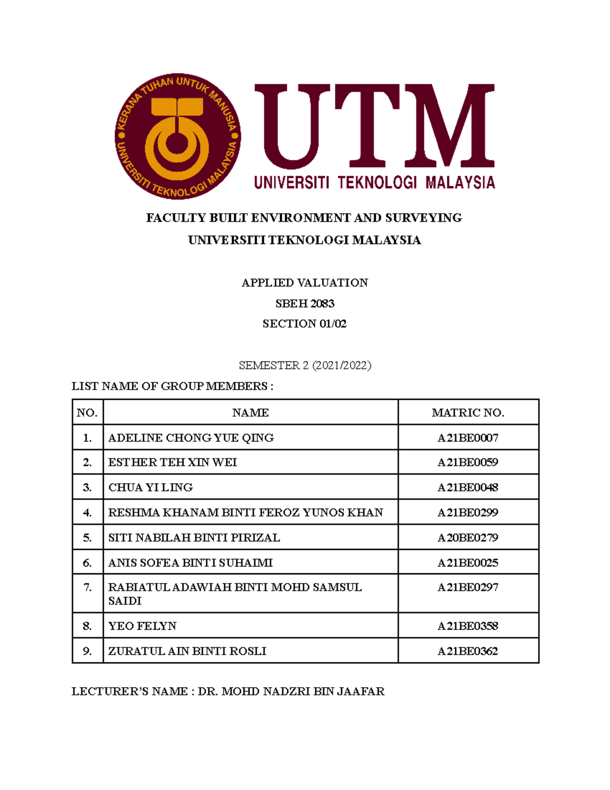 Valuation Report - FACULTY BUILT ENVIRONMENT AND SURVEYING UNIVERSITI ...