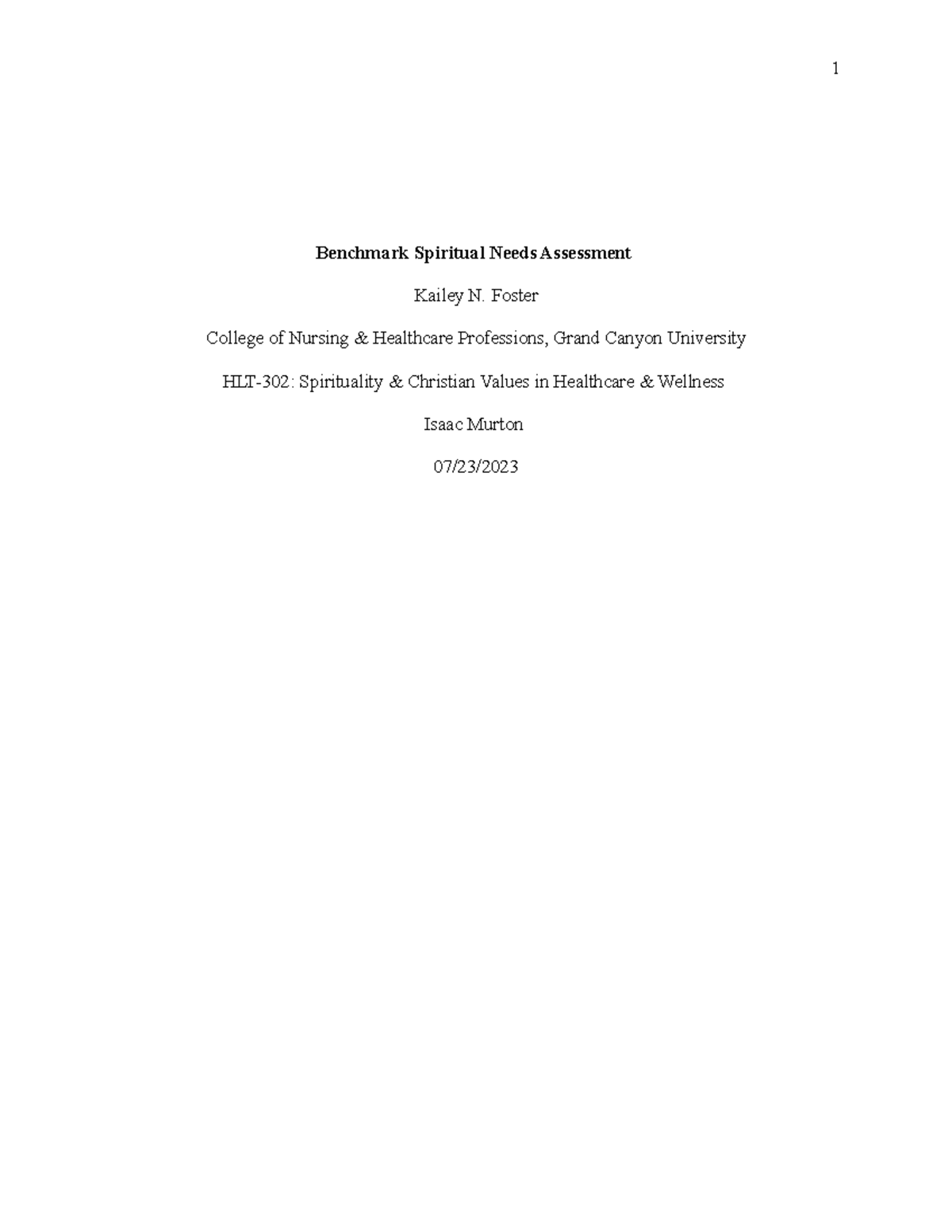 Benchmark Spiritual Needs Assessment Kailey Foster - Foster College of ...