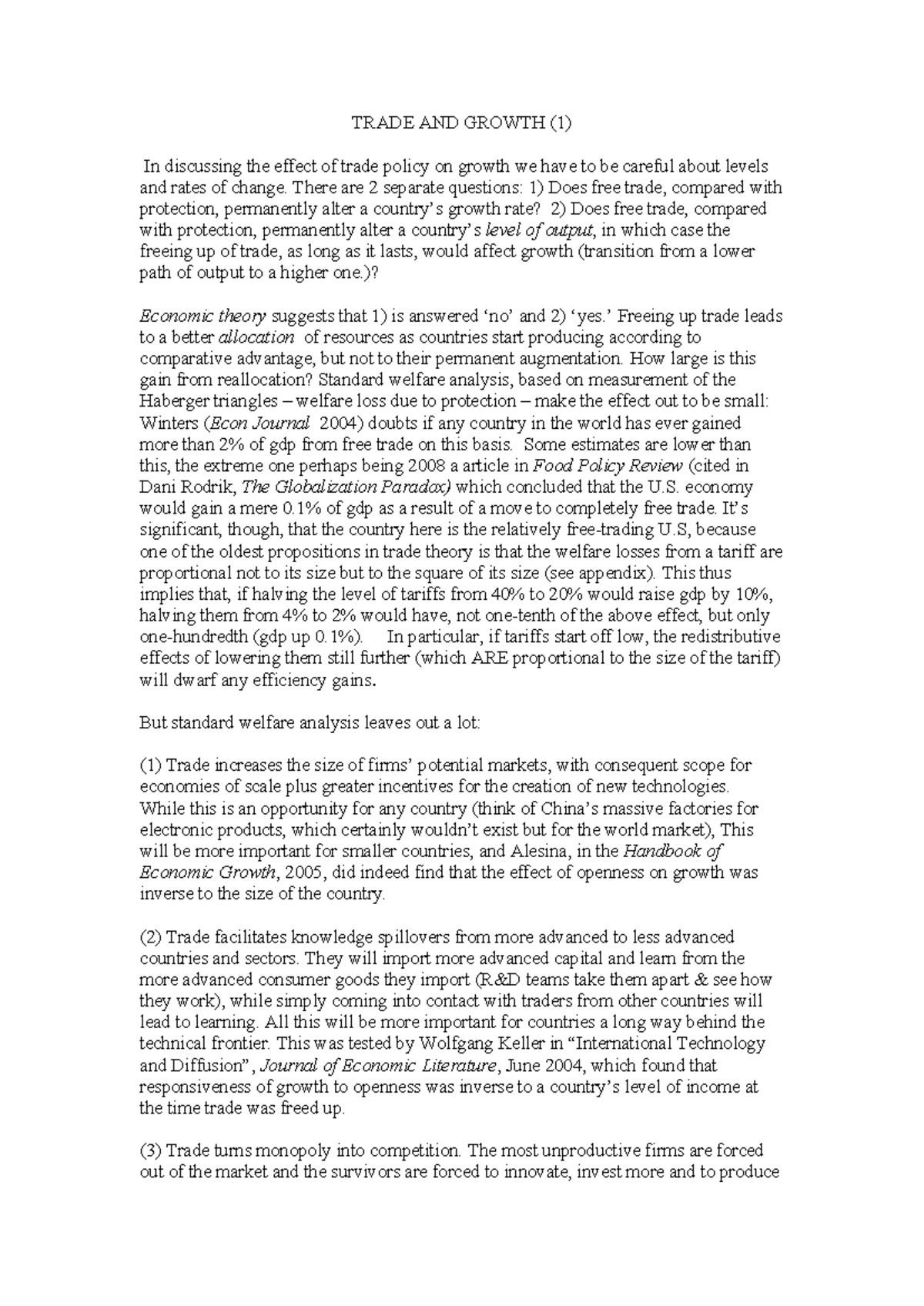 Handout 11 - TRADE AND GROWTH (1) In discussing the effect of trade ...