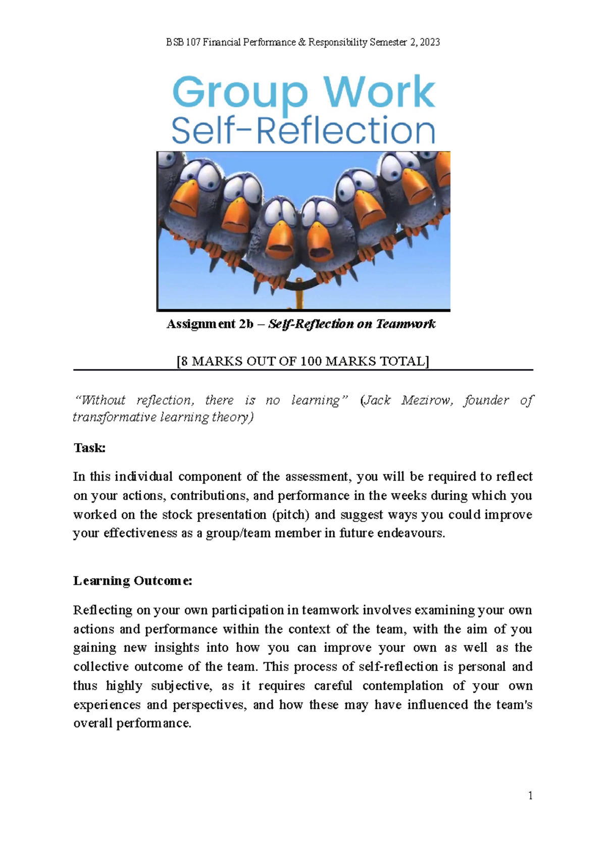 BSB107 Assignment 2b; Self Refection on Team-1 - BSB107 Financial ...