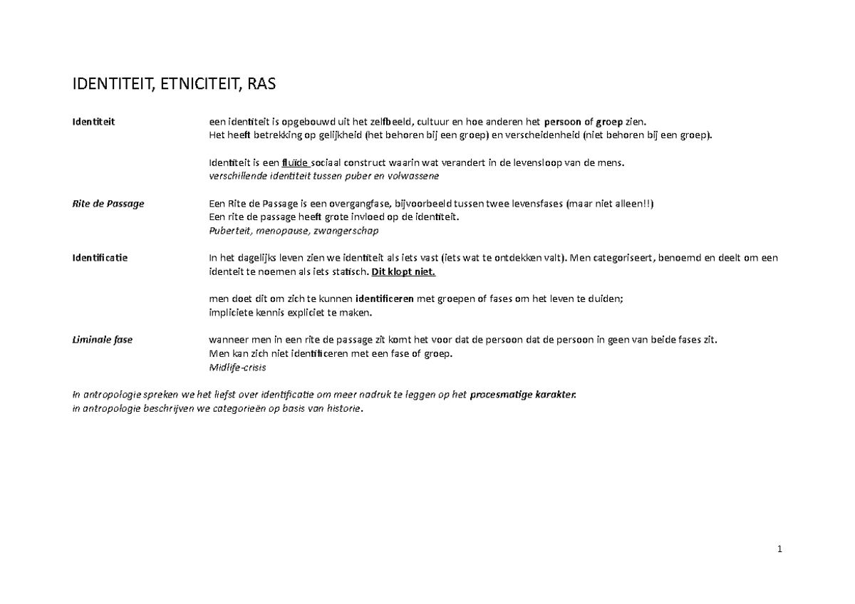 Samenvatting - compleet - identiteit, etniciteit en ras - IDENTITEIT ...