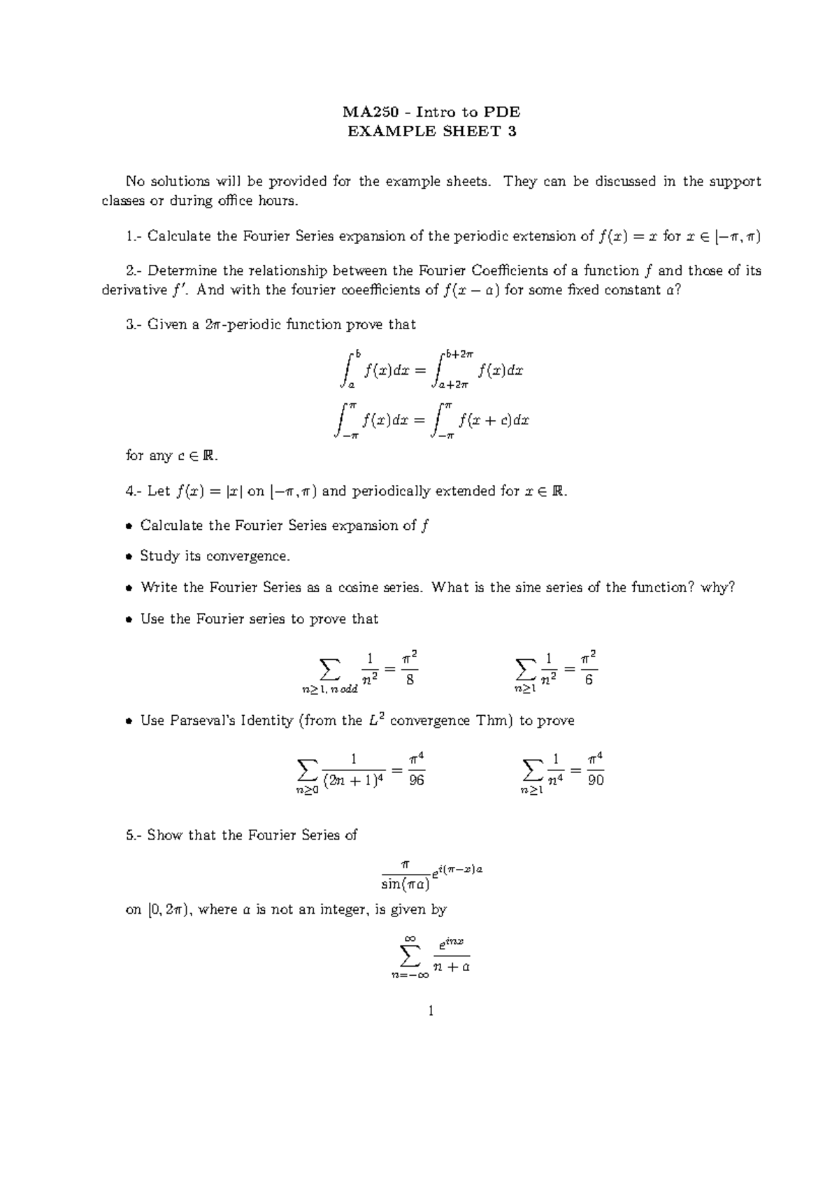 MA250 2010-2011 Problem Sheet 3 - MA250 - Intro to PDE EXAMPLE SHEET 3 ...