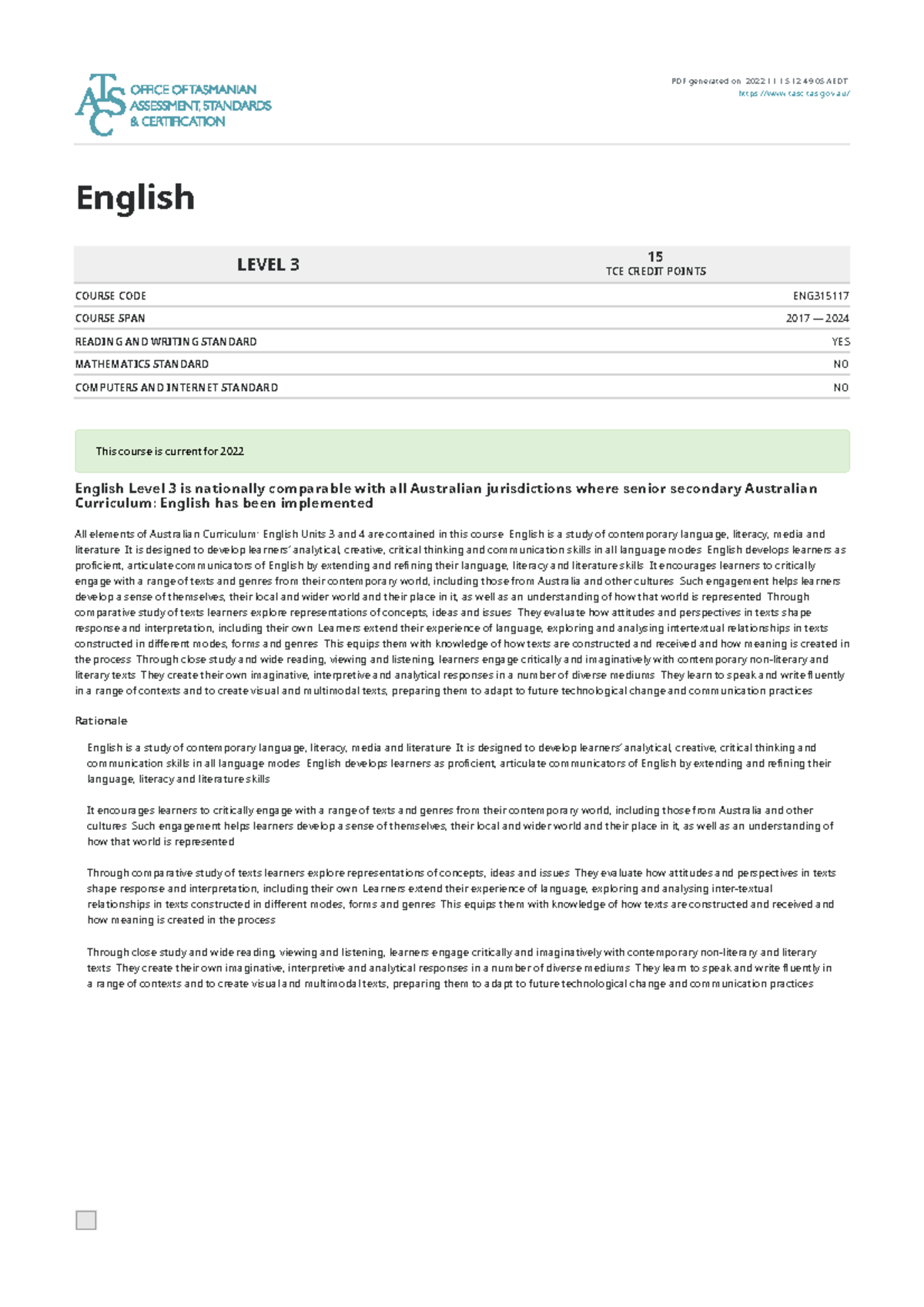 Syllabus 2023 - Assignment - ENG 2017 — 2024 YES NO NO PDF generated on: 2022-11-15 12:49:05 ...