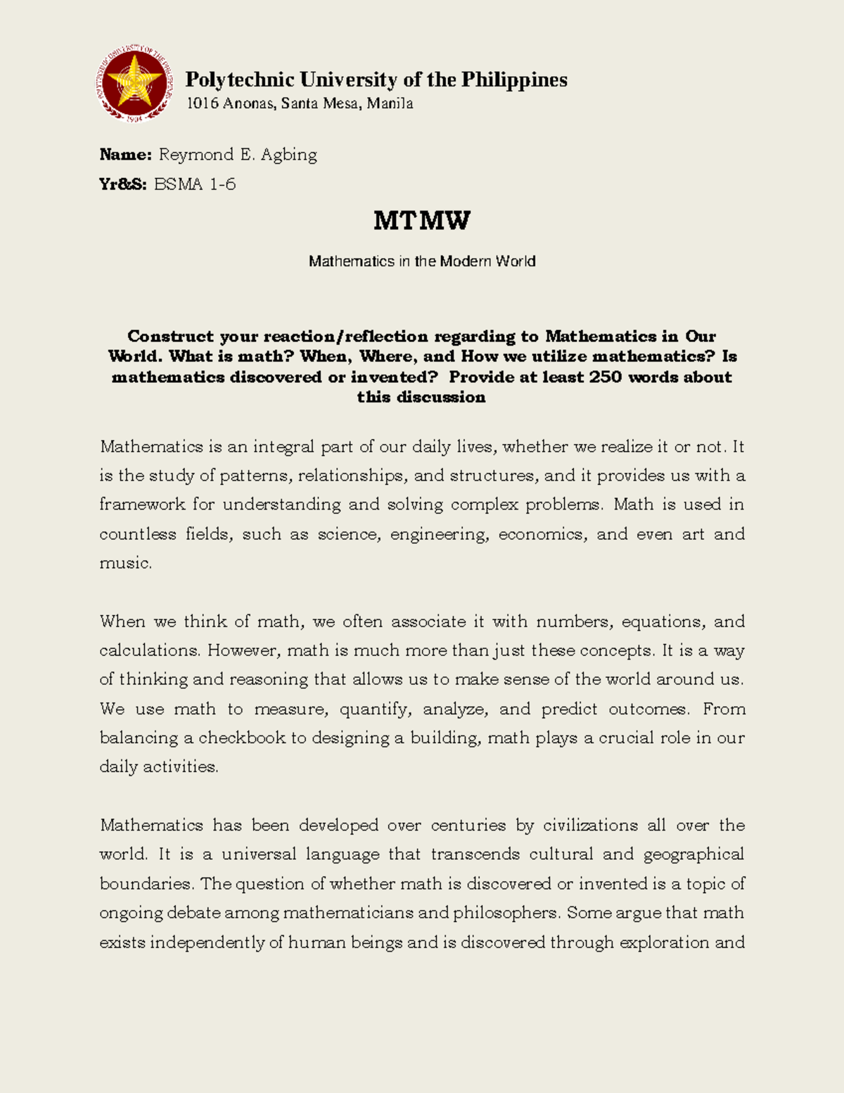 Construct your reaction/reflection regarding to Mathematics in Our ...