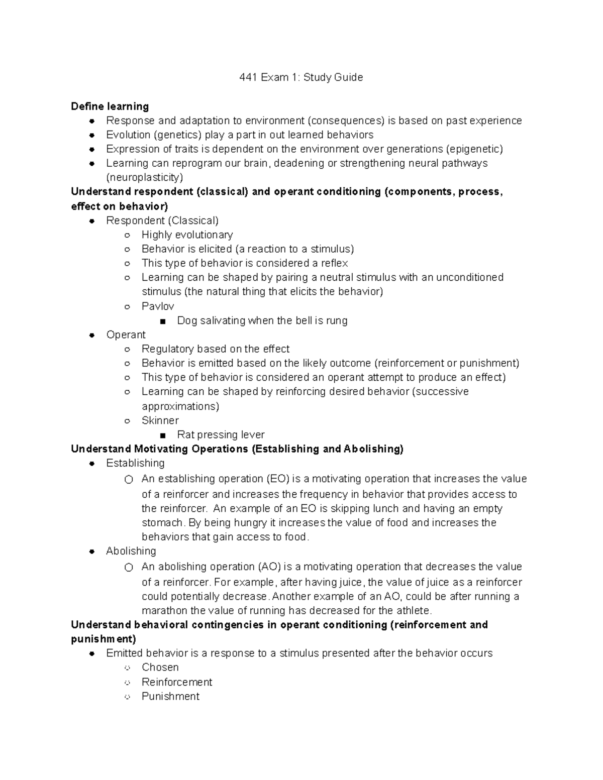 Exam One Study Guide - Learning Psychology 441 - 441 Exam 1: Study ...