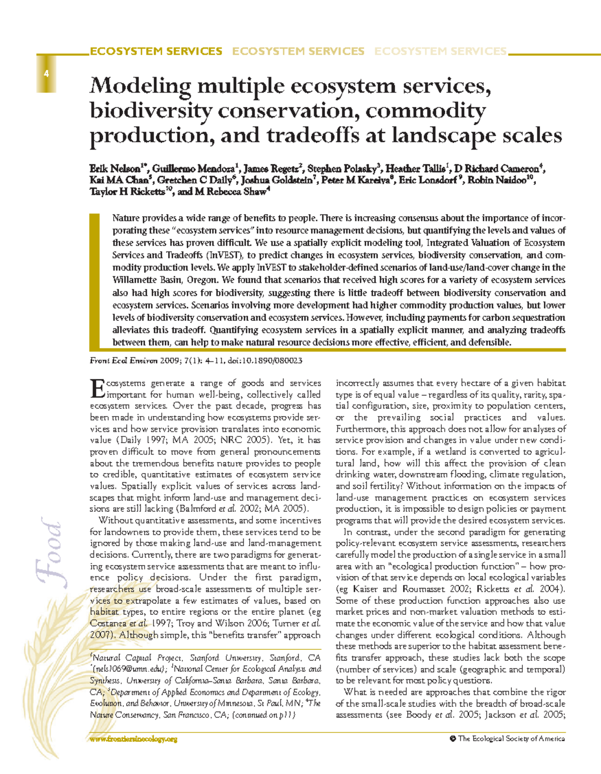 5 2009 Nelson - Modeling multiple ecosystem services biodiversity ...