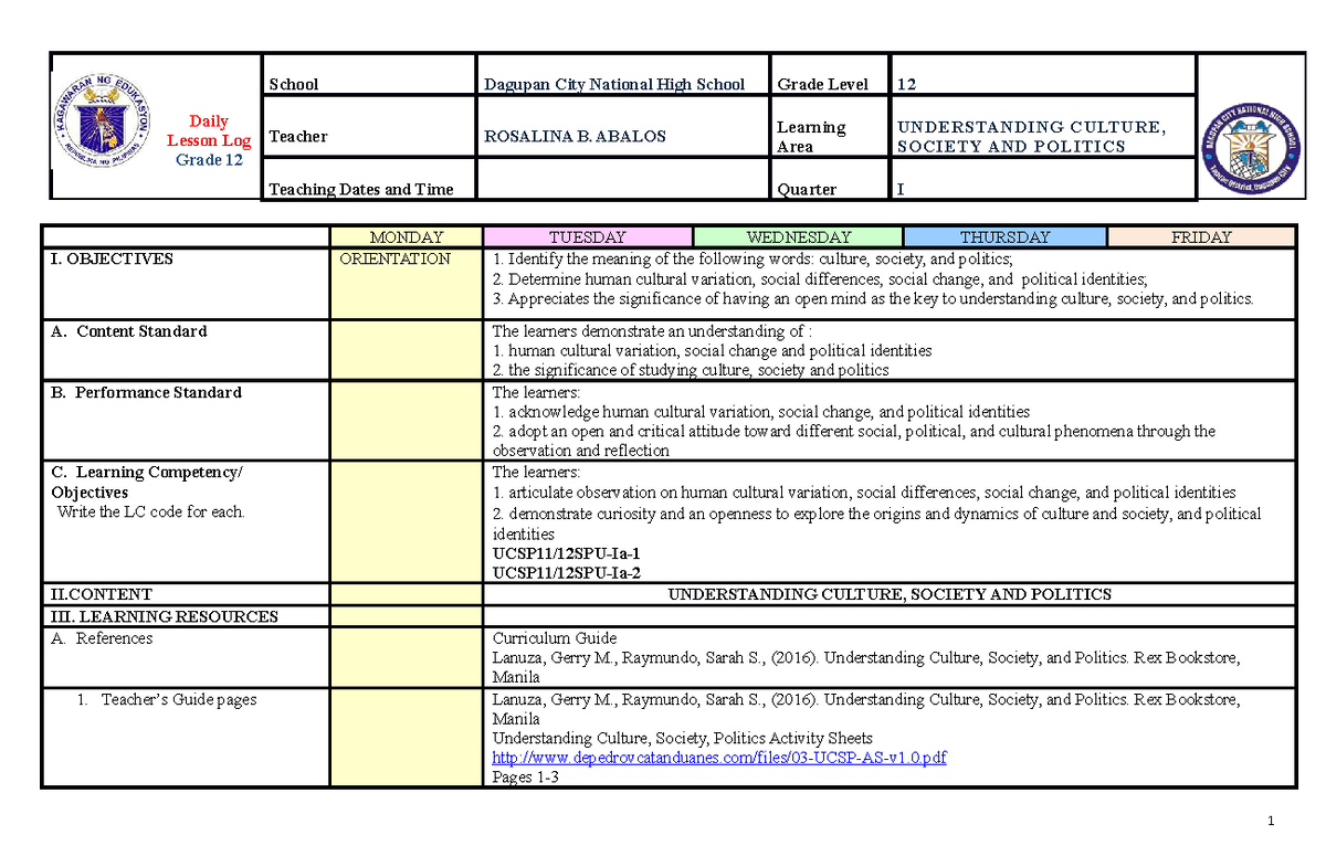 UCSP G11 W1 - NOTES - Daily Lesson Log Grade 12 School Dagupan City ...