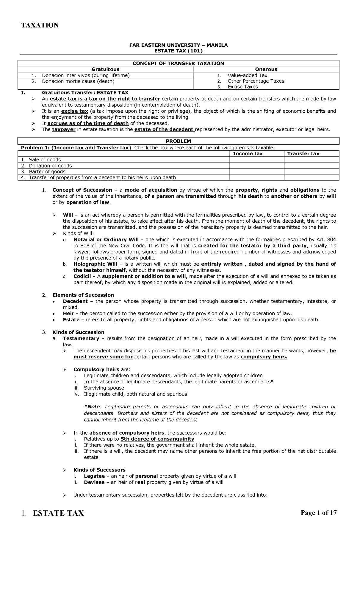 Pdfcoffee - Lecture notes - TAXATION FAR EASTERN UNIVERSITY – MANILA ...