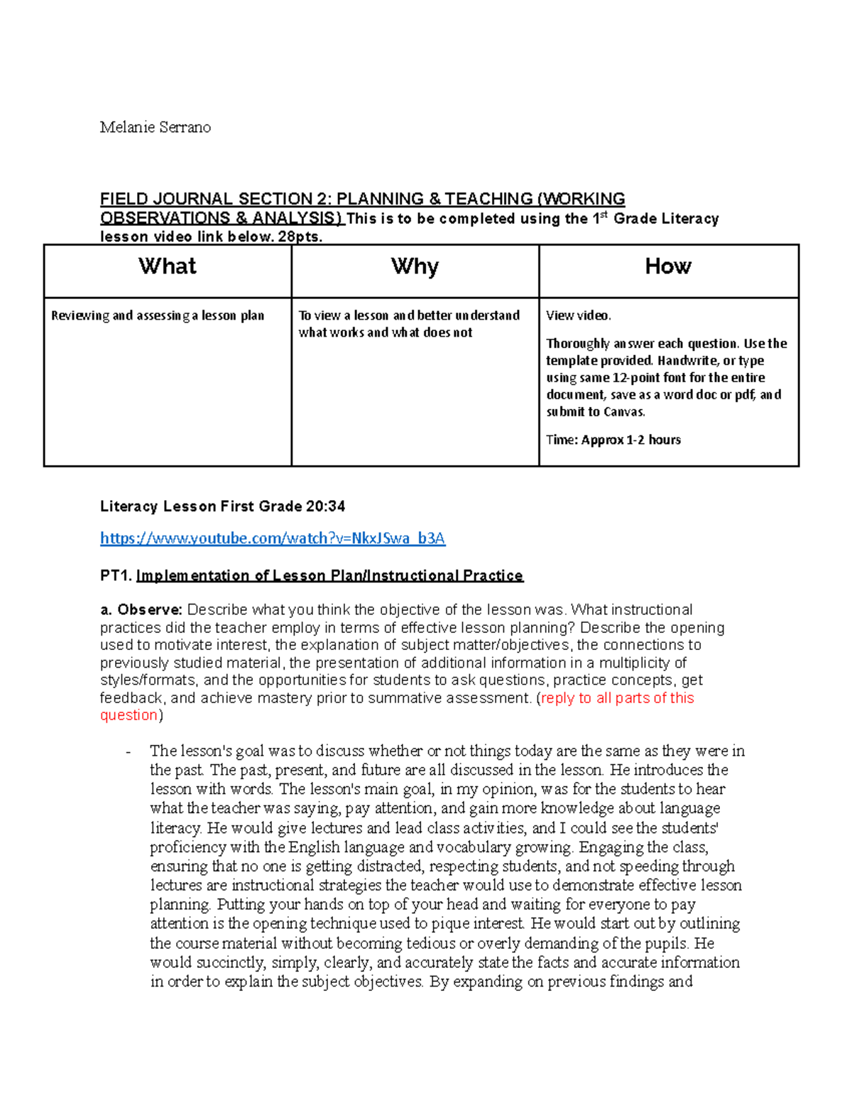 Planning and Teaching field journal - Melanie Serrano FIELD JOURNAL ...