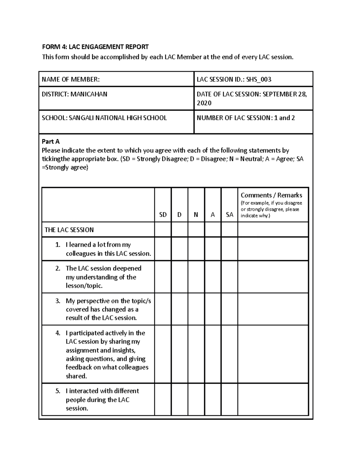 School Form 4 LAC Engagement Report Day3 FORM 4 LAC ENGAGEMENT