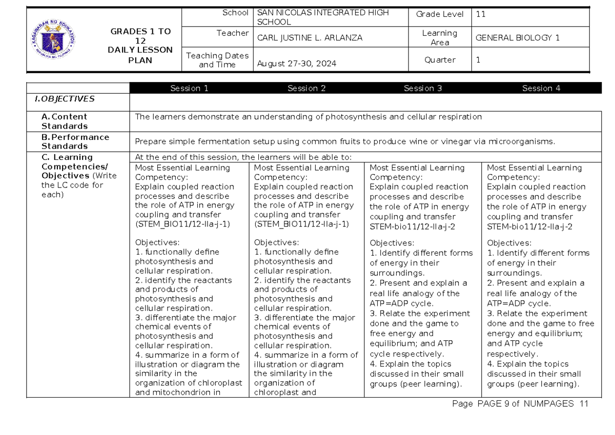 BIO Q2 Week 1 - Daily Lesson Log for Biology Quarter 2 Week 1 - GRADES ...