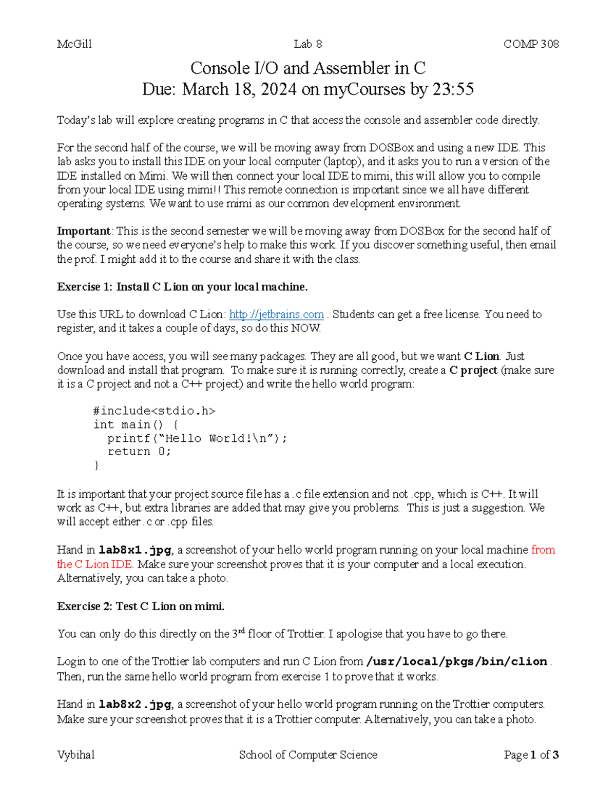 Lab 8 v2 - Lab 8 Version 2 - McGill Lab 8 COMP 308 Vybihal School of Computer Science Page 1 of ...
