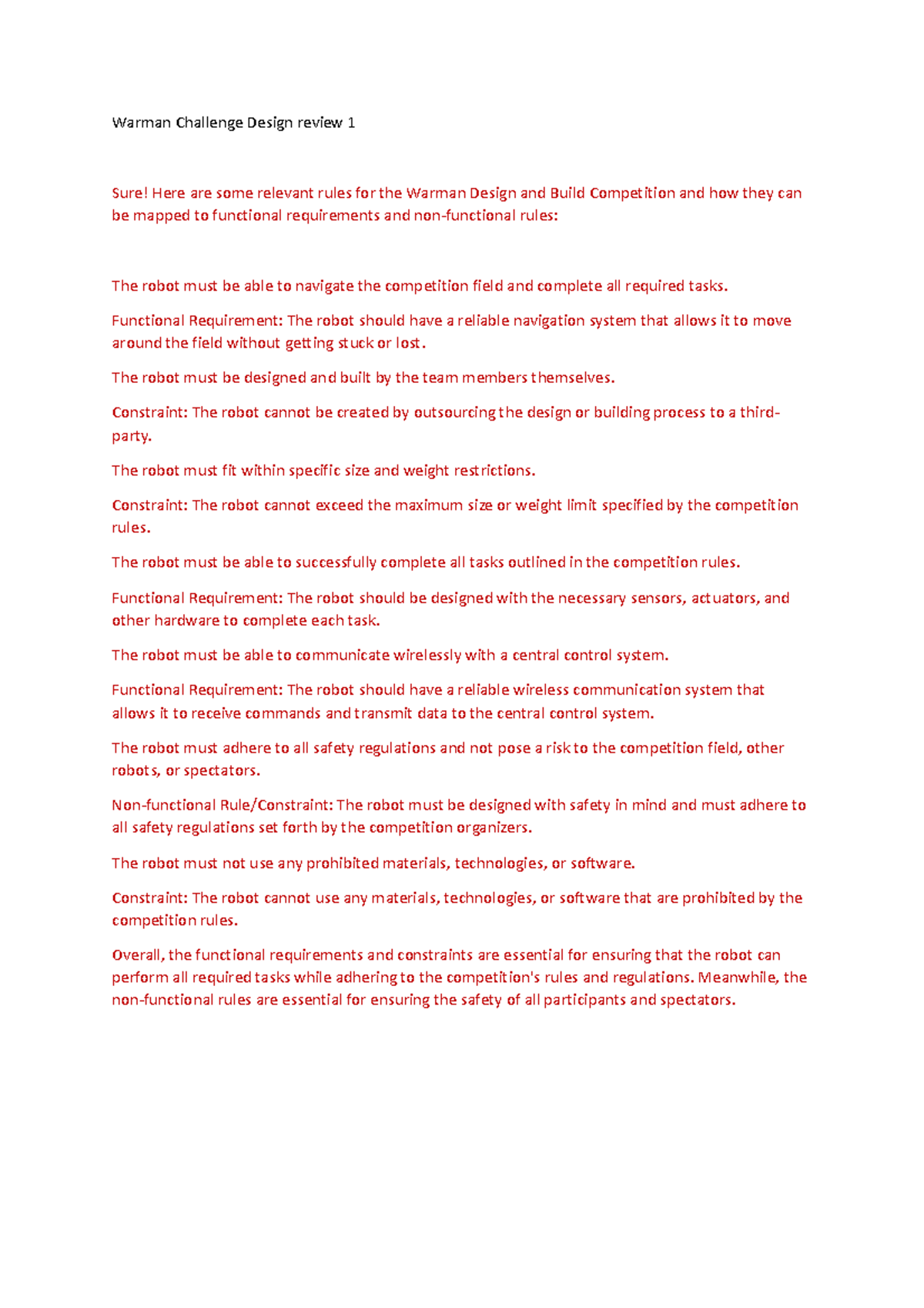 Warman Challenge Design review 1 - Functional Requirement: The robot ...