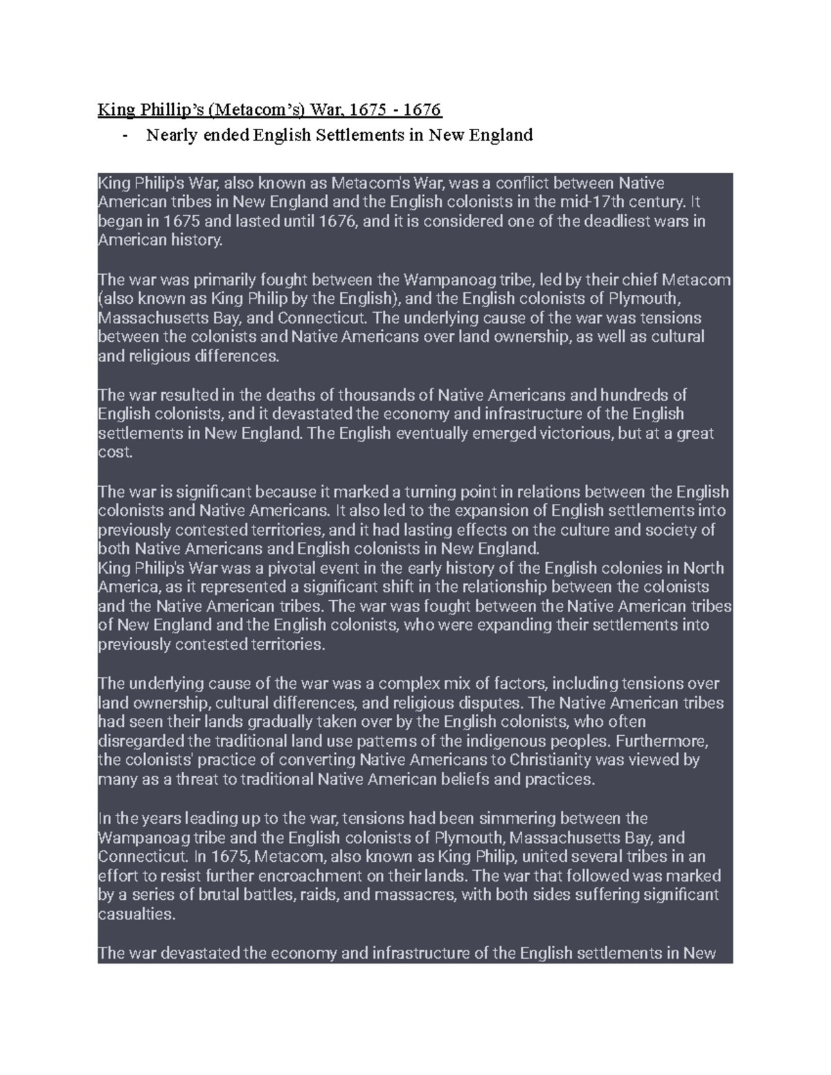 King Phillip’s (Metacom’s) War, 1675 - 1676 influence in the world key ...