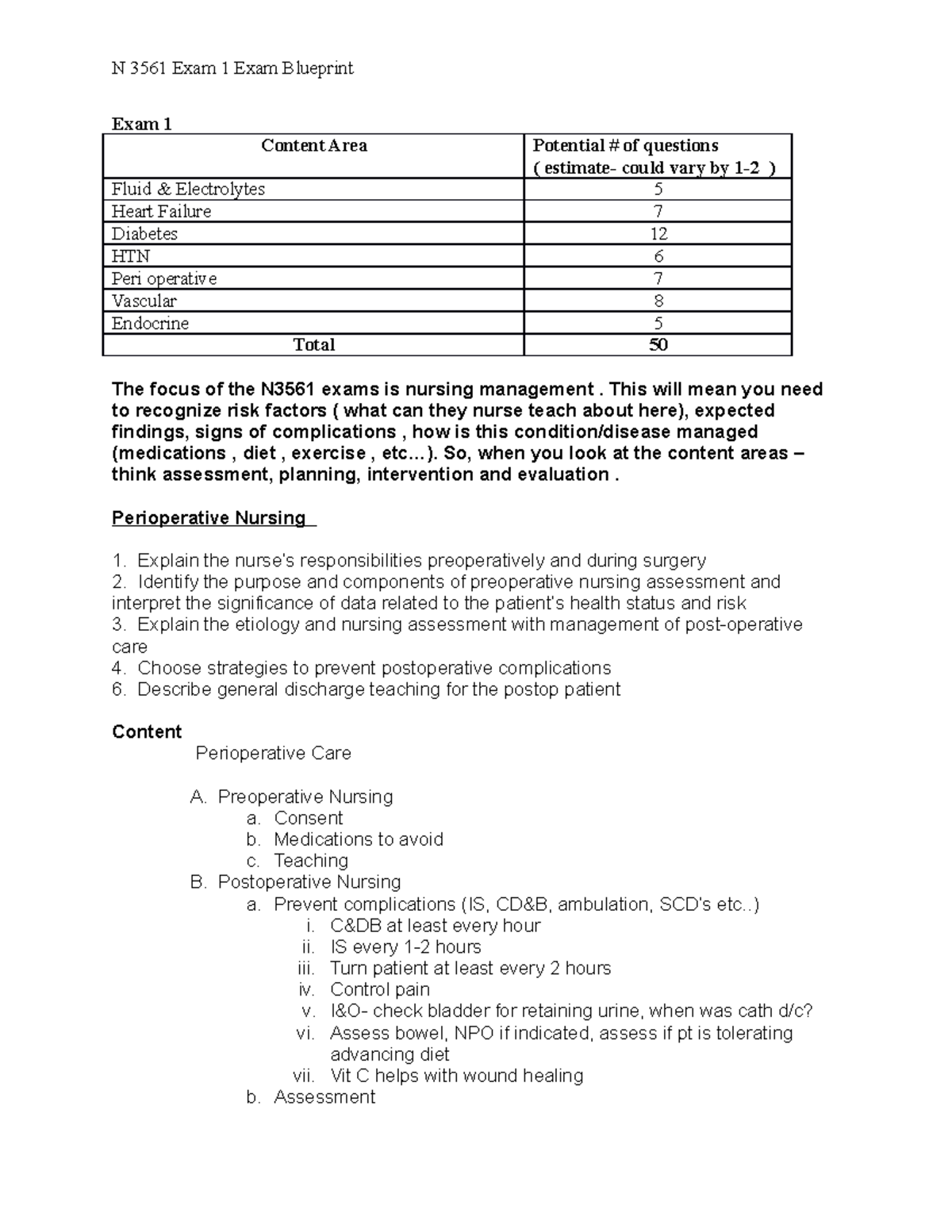 Exam 1 Blueprint 2020 - Exam 1 Content Area Potential # of questions ...