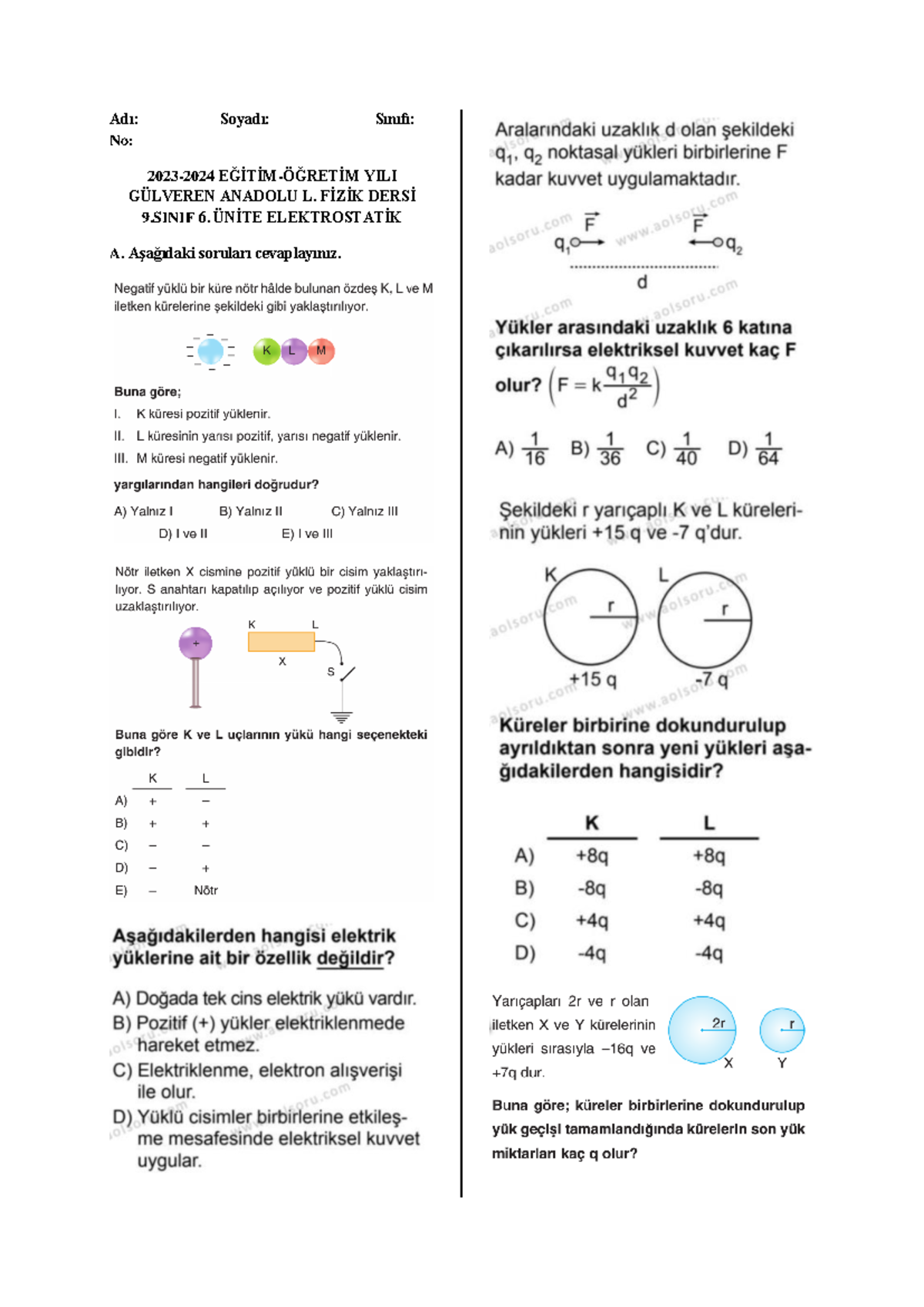 9. sınıf fizik 6. ünite elektrostatik 23-24 - Automata Theory - Adı: Soyadı: Sınıfı: No: 2023 ...