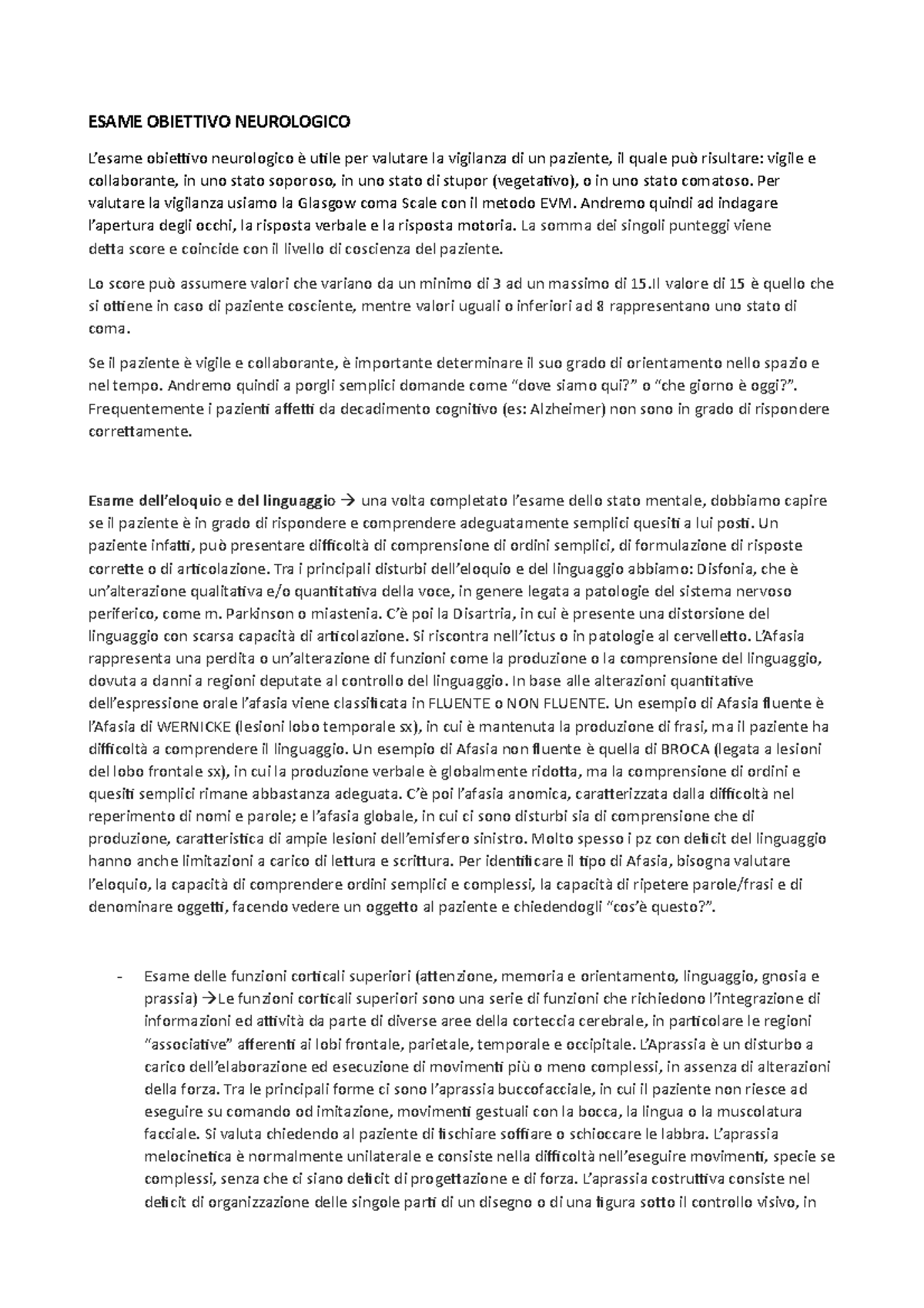 Esame neurologico - Appunti presi a lezione - ESAME OBIETTIVO ...