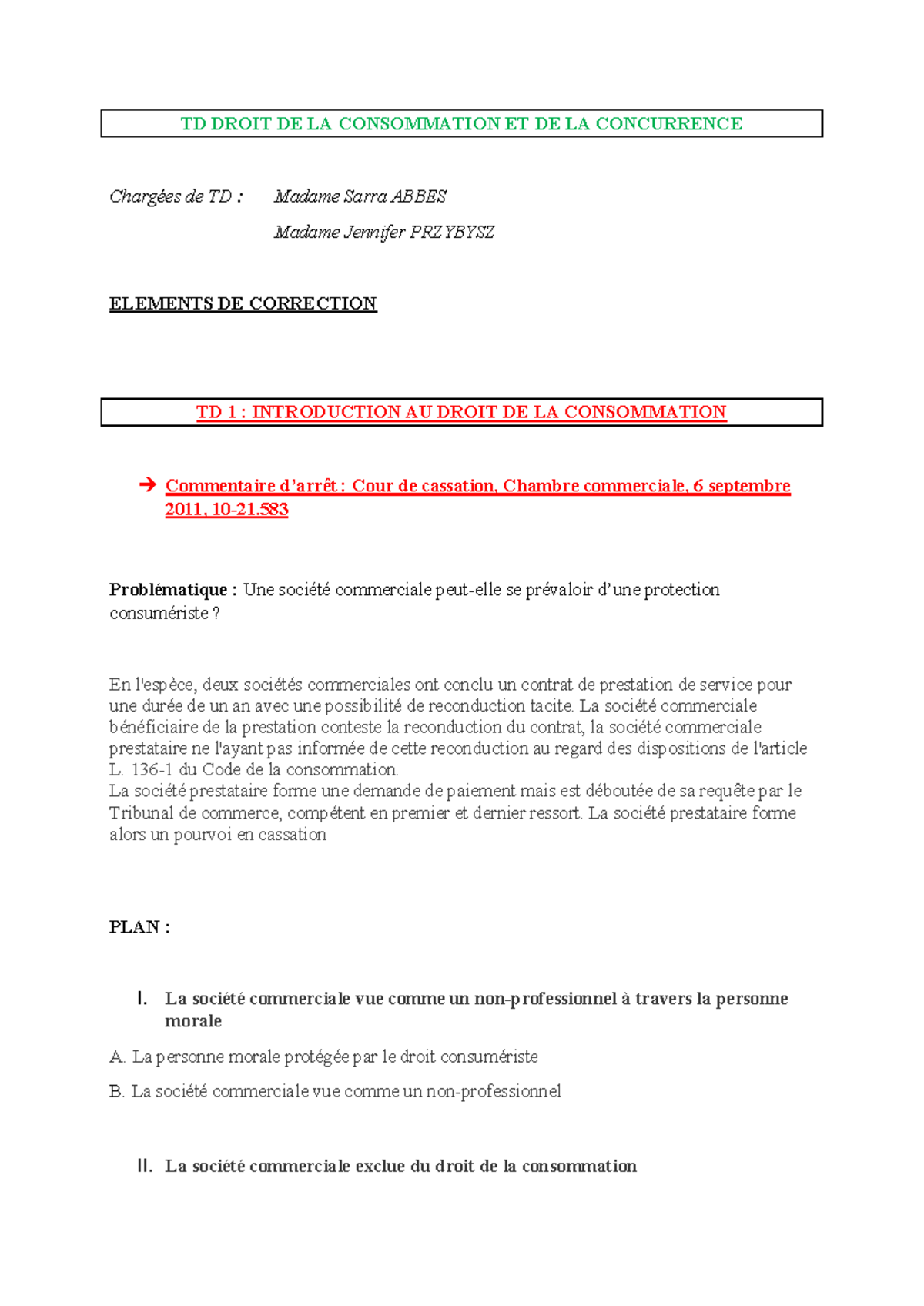 Eléments de correction TD CC - TD DROIT DE LA CONSOMMATION ET DE LA ...