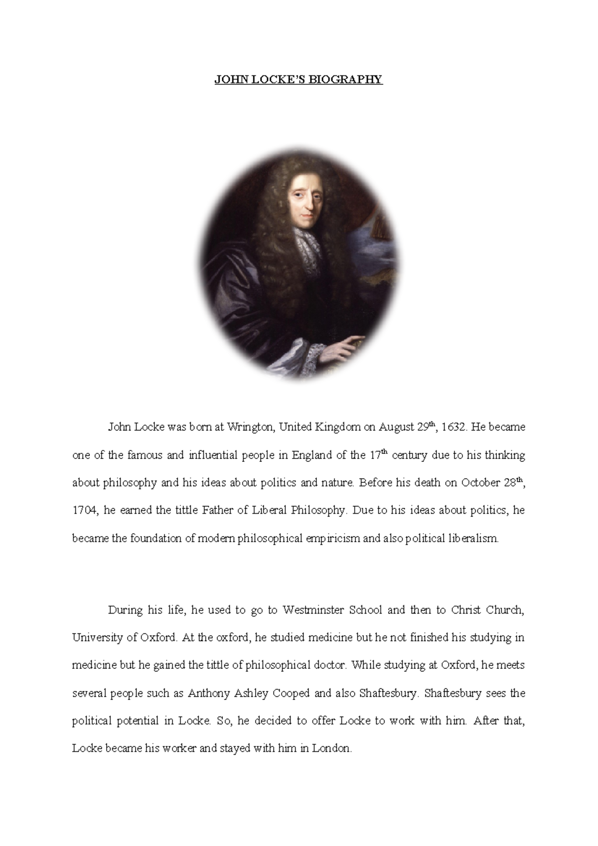 John Locke Social contract - JOHN LOCKE’S BIOGRAPHY John Locke was born ...